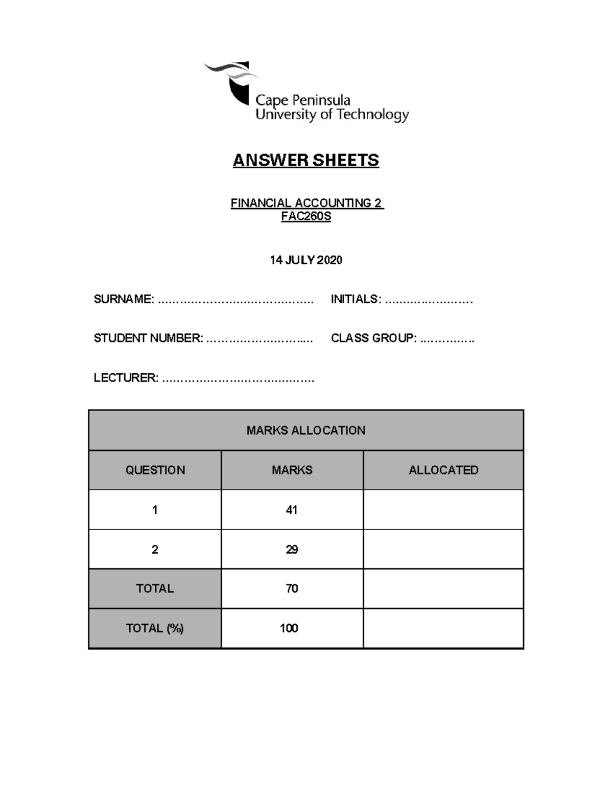 JUNE2020FAC260SAnswer Sheets - ANSWER SHEETS FINANCIAL ACCOUNTING 2 ...