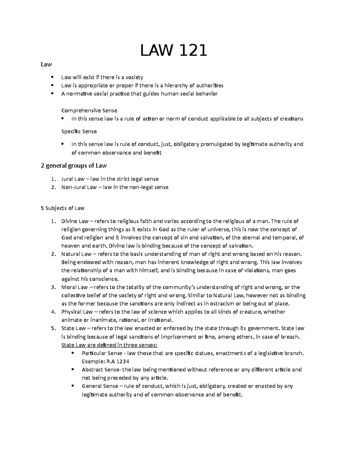 LAW 121 - Introduction to Law Notes - LAW 121 Law Law will exist if ...