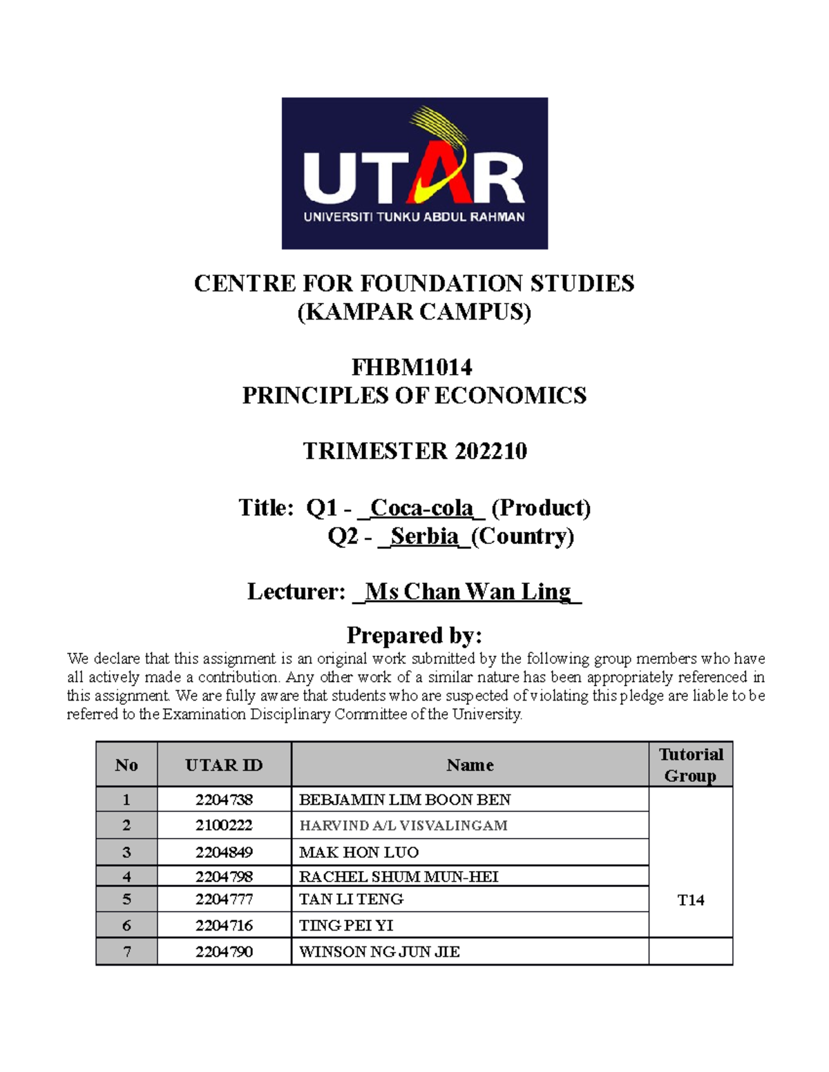UTAR PEO ASS SEM 1 2022 - CENTRE FOR FOUNDATION STUDIES (KAMPAR CAMPUS ...