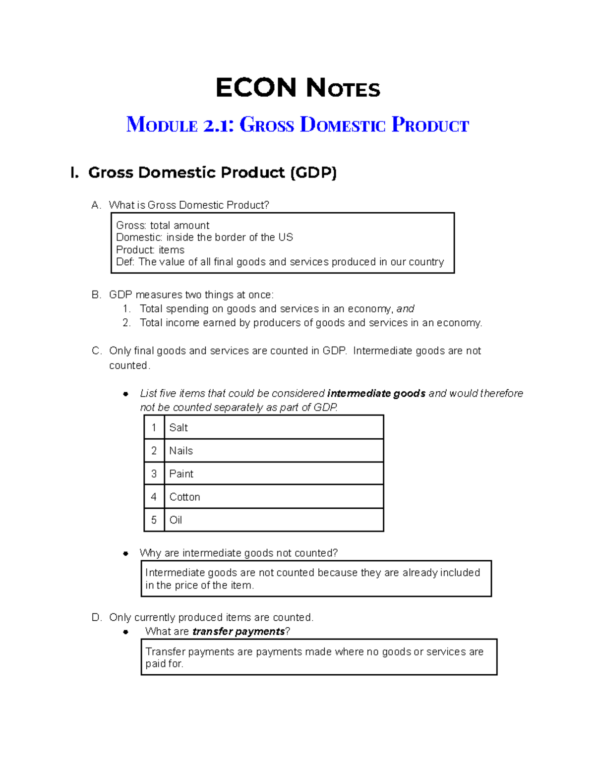 Economics Module 2.1 Notes - ECON NOTES MODULE 2: GROSS DOMESTIC ...