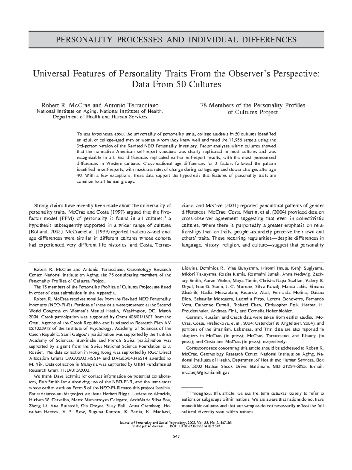 Universal Features of Personality Traits - PERSONALITY PROCESSES AND ...