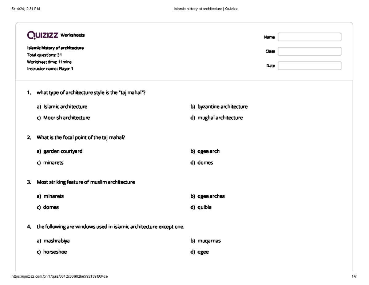 Islamic history of architecture Quizizz - Worksheets Islamic history of ...