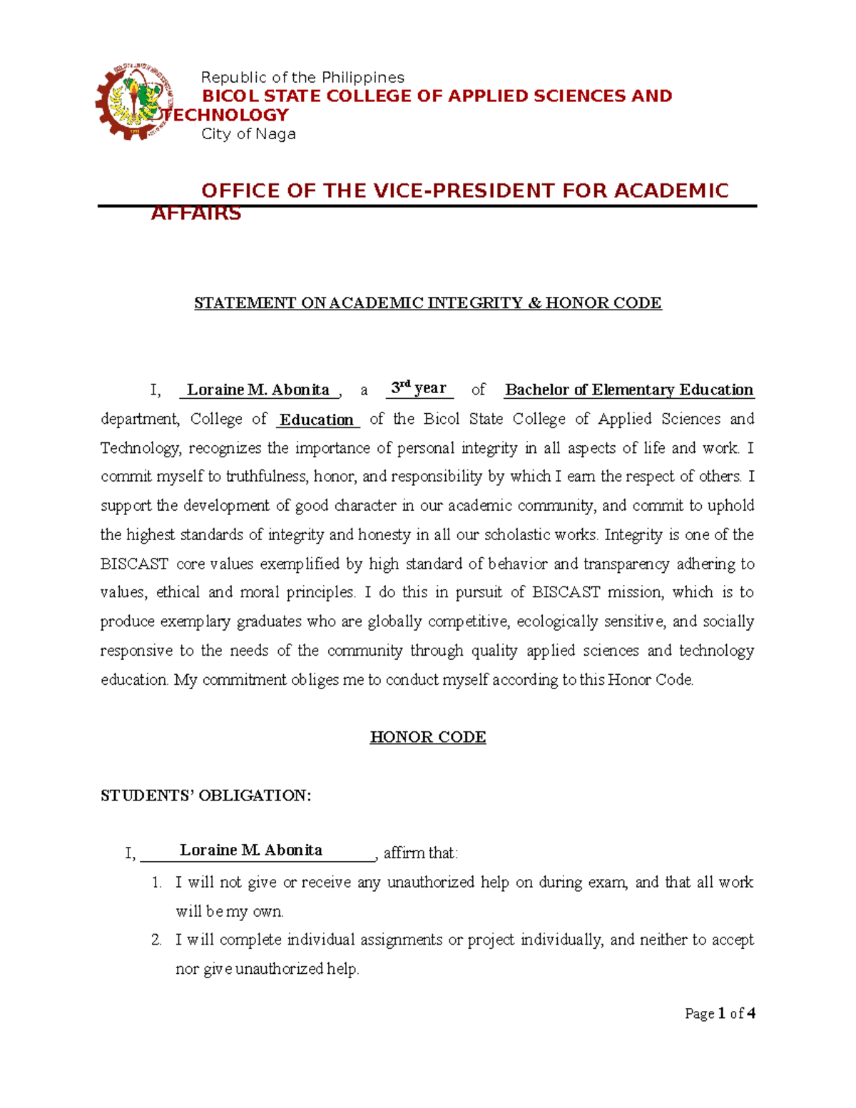 Abonita - Statement-ON- Academic- Integrity- Honor-CODE - BICOL STATE ...