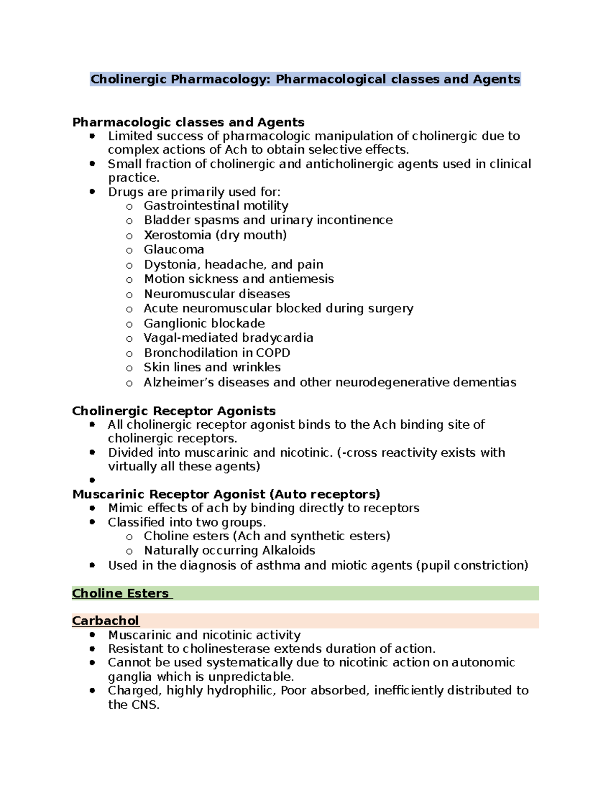 Classes and Agents - Cholinergic Pharmacology: Pharmacological classes ...