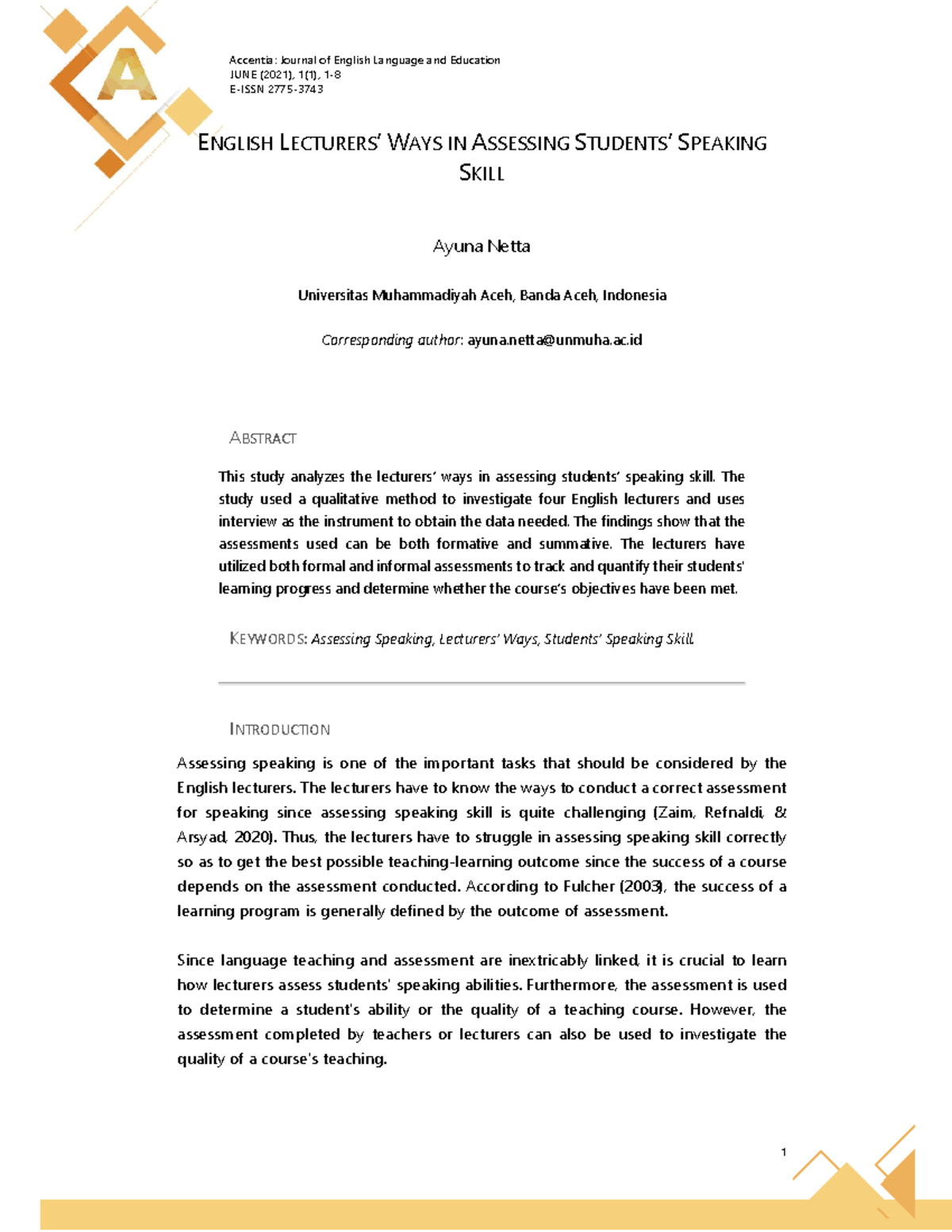 English Lecturers' Ways in Assessing Students' Speaking Skill ...