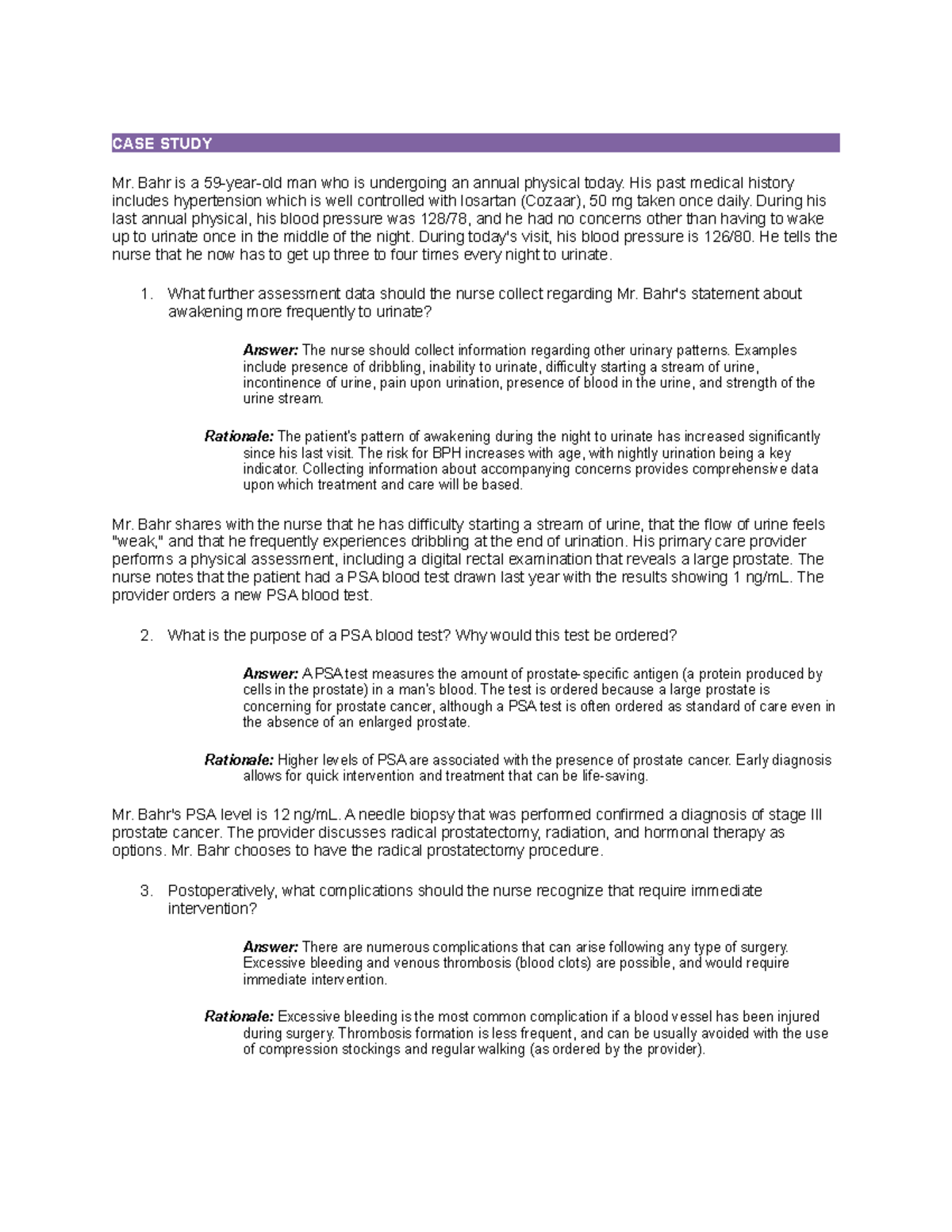 BPH and Prostate Cancer Case Study for practice - CASE STUDY Mr. Bahr ...