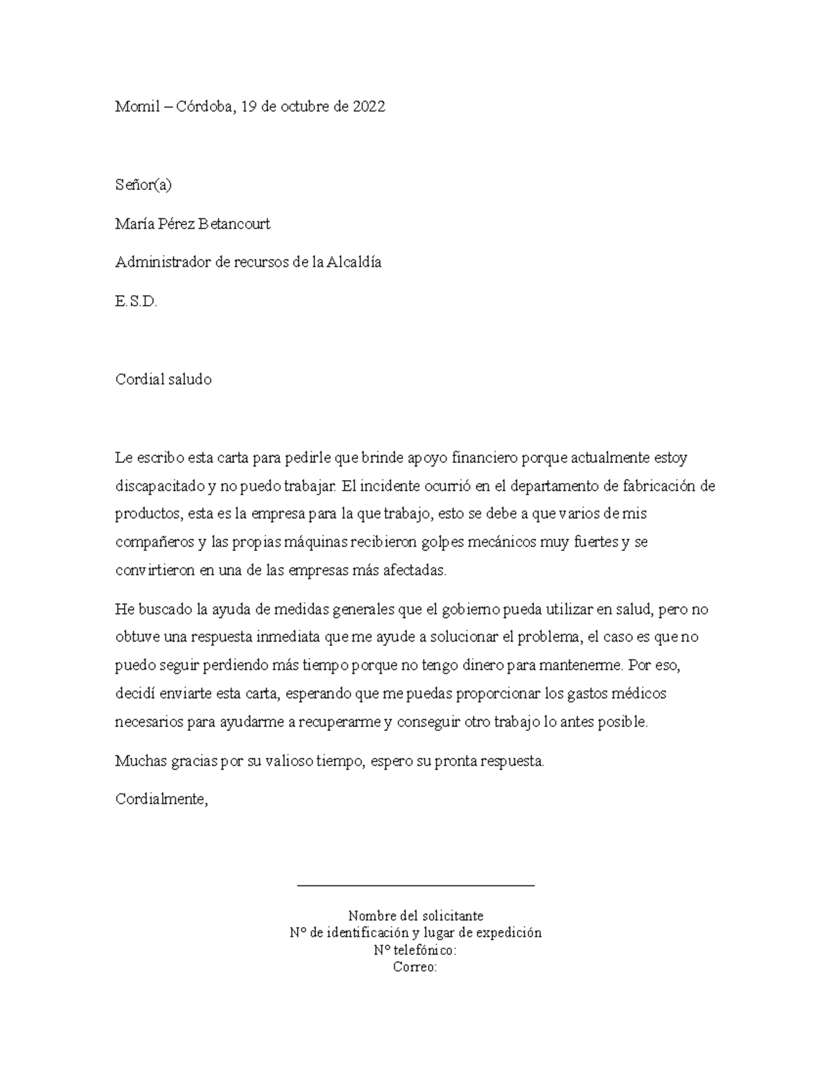 Ejemplo de carta formal - Momil – Córdoba, 19 de octubre de 2022 Señor ...