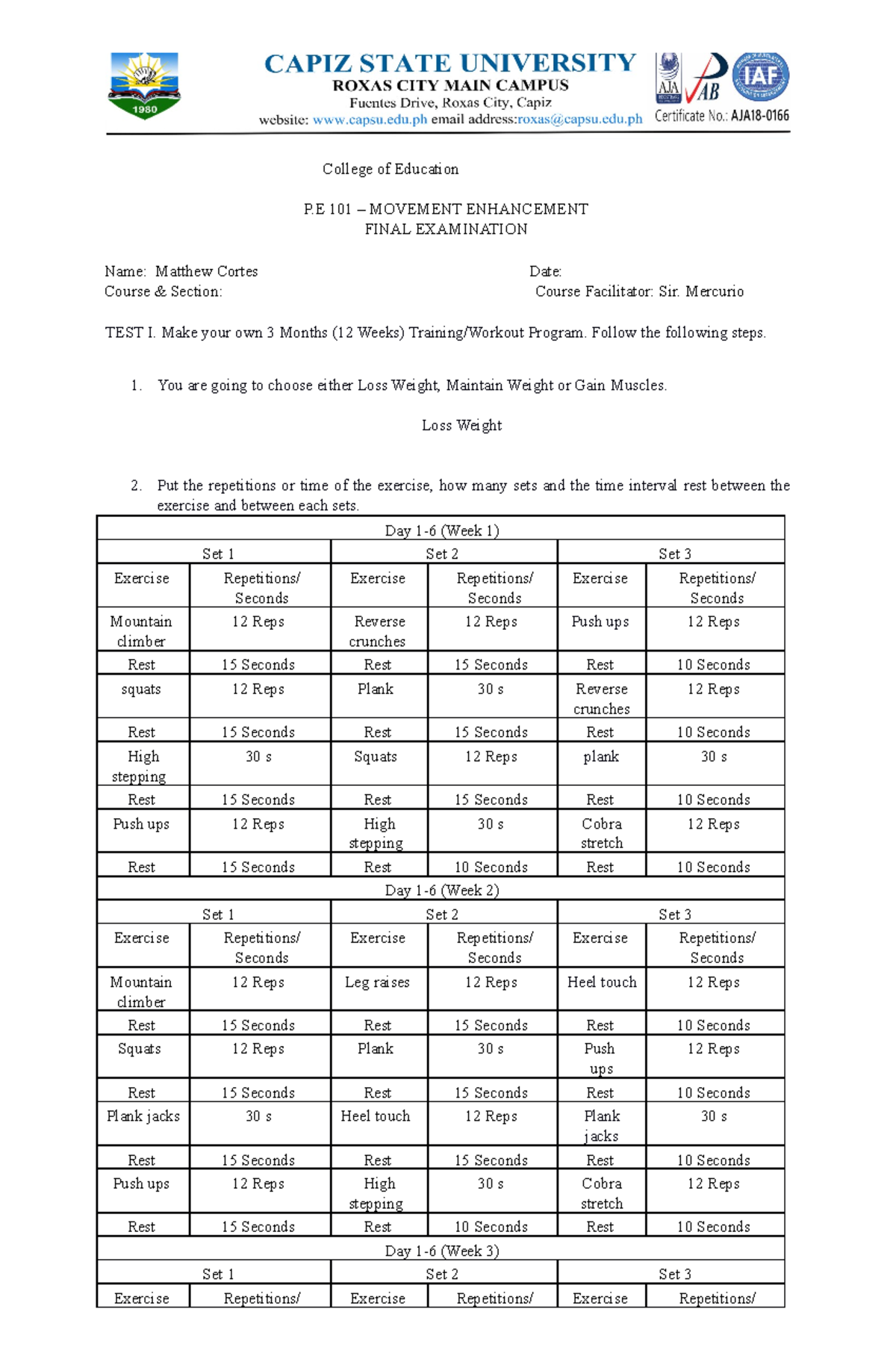PE 101 Final Examination - College of Education P 101 – MOVEMENT ...