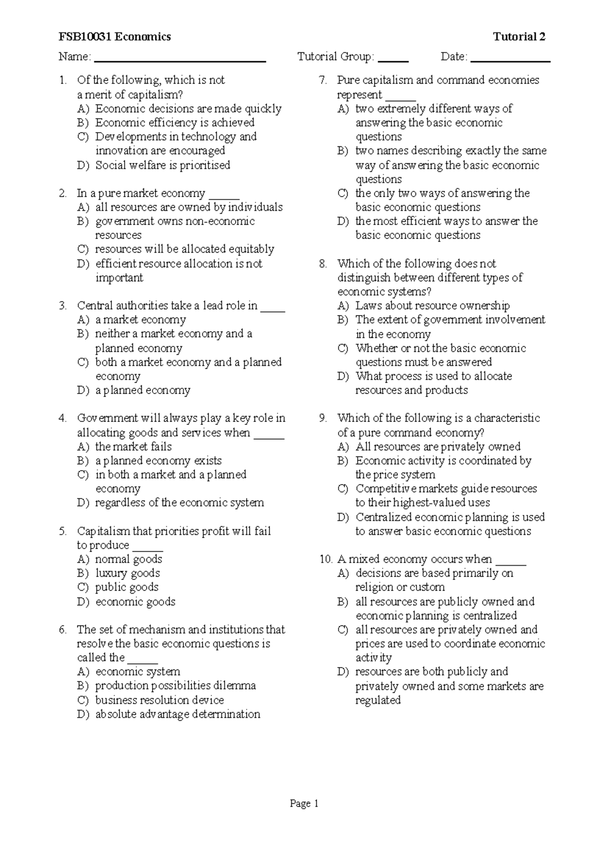 Tutorial 2 Summative S1 2020 - Page 1 FSB10031 Economics Tutorial 2 ...