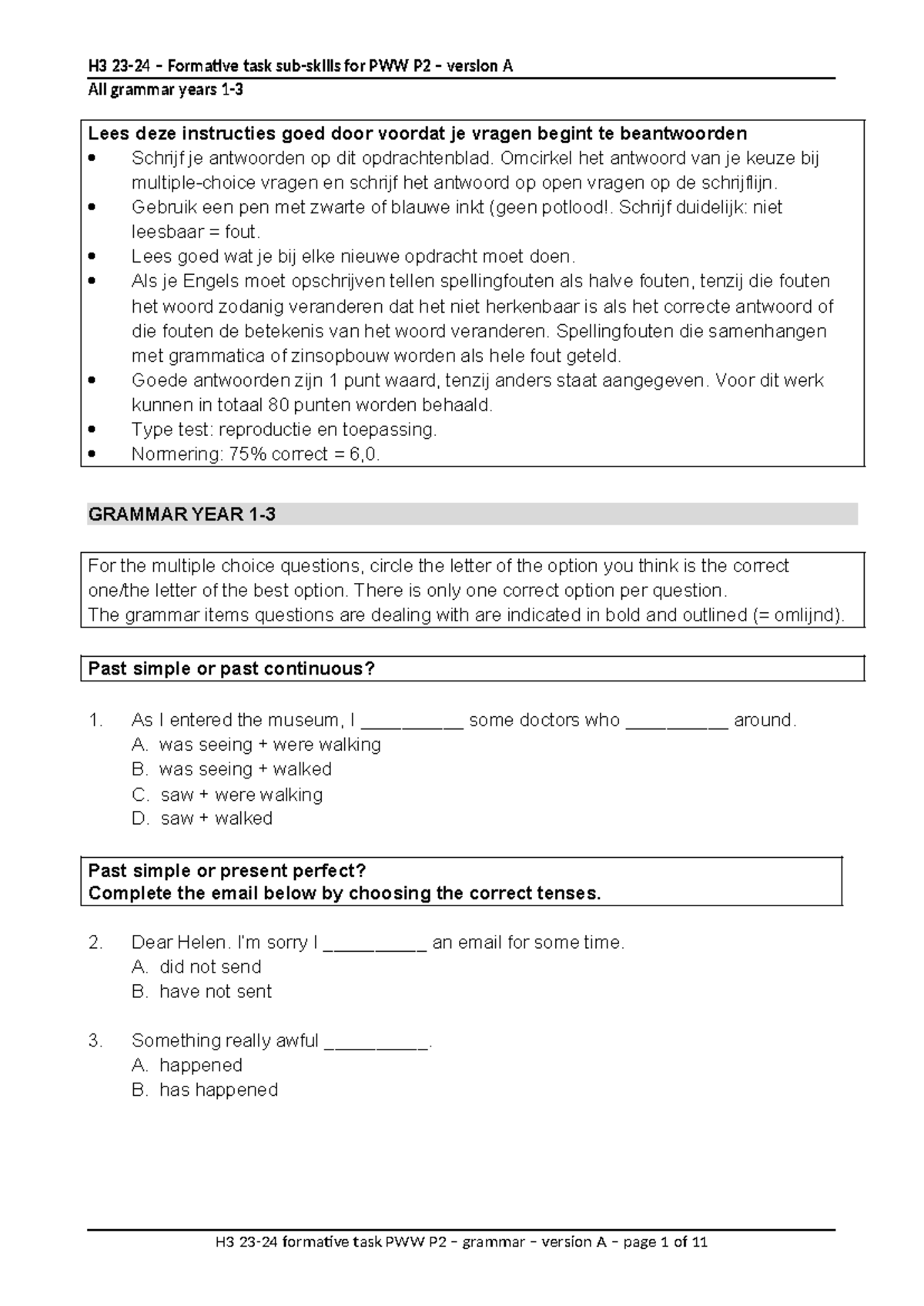 NI LRN H3 sub skills all grammar year 1 3 formative task version A task ...