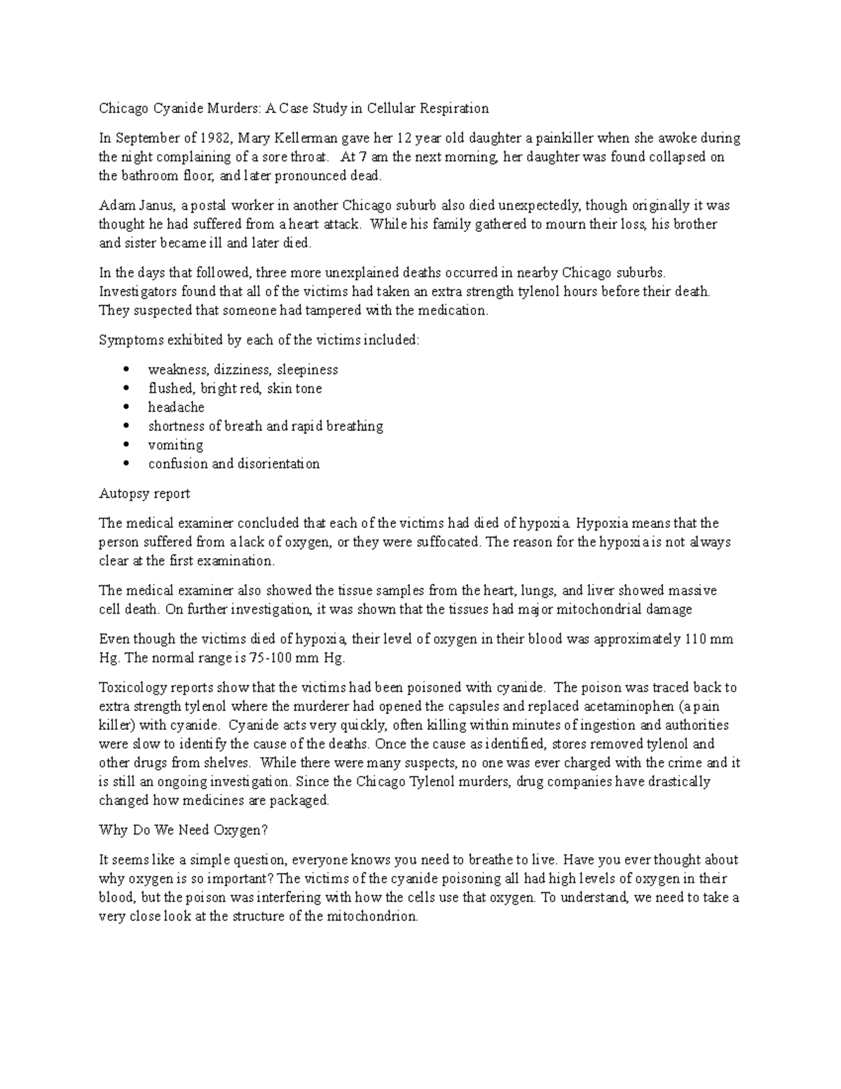 4. Case study Celullar Respiration - Chicago Cyanide Murders: A Case ...