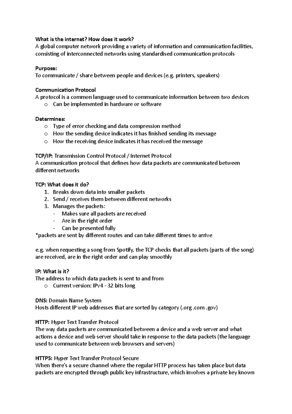 Internet summary notes - What is the internet? How does it work? A ...