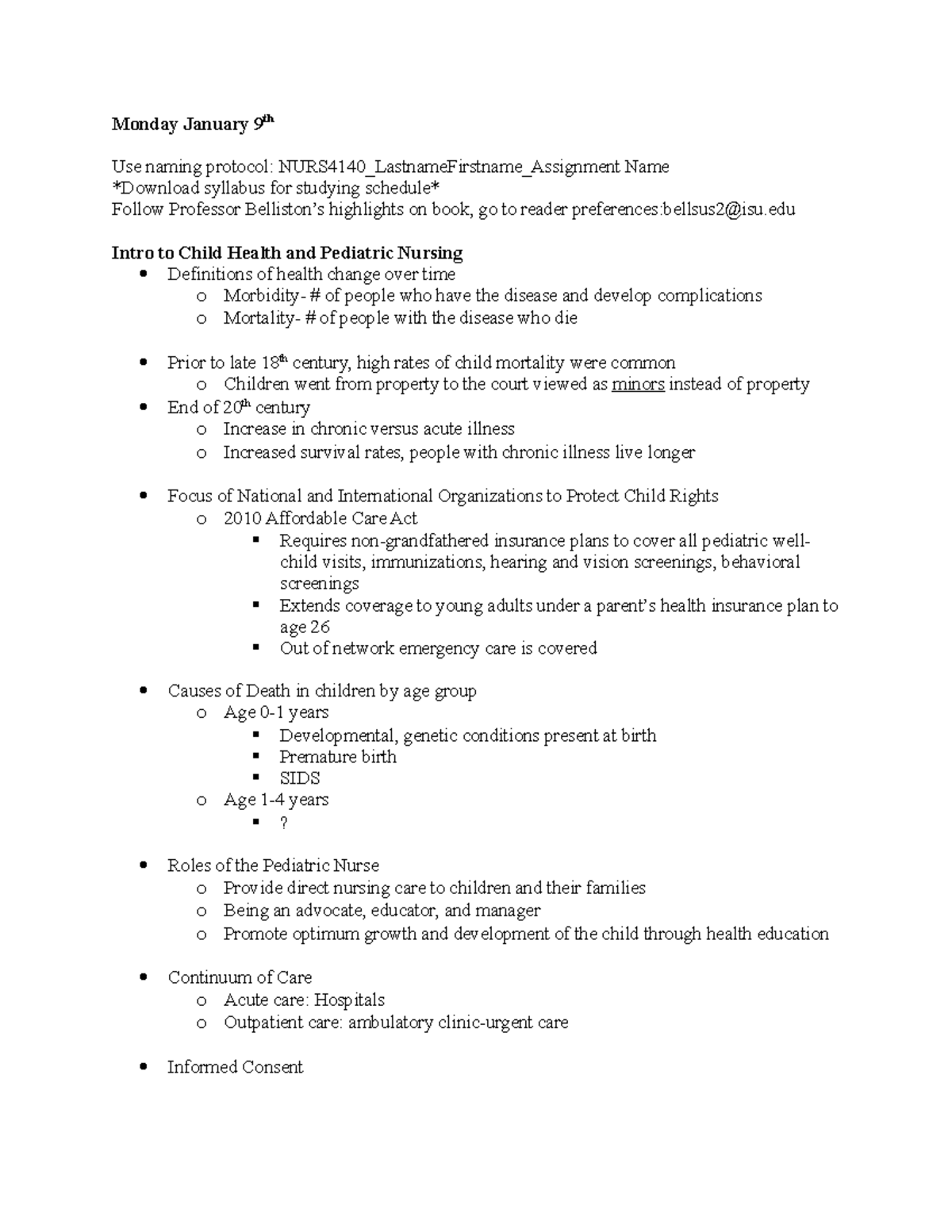 Pediatric Nursing Lecture Notes - Monday January 9th Use naming ...