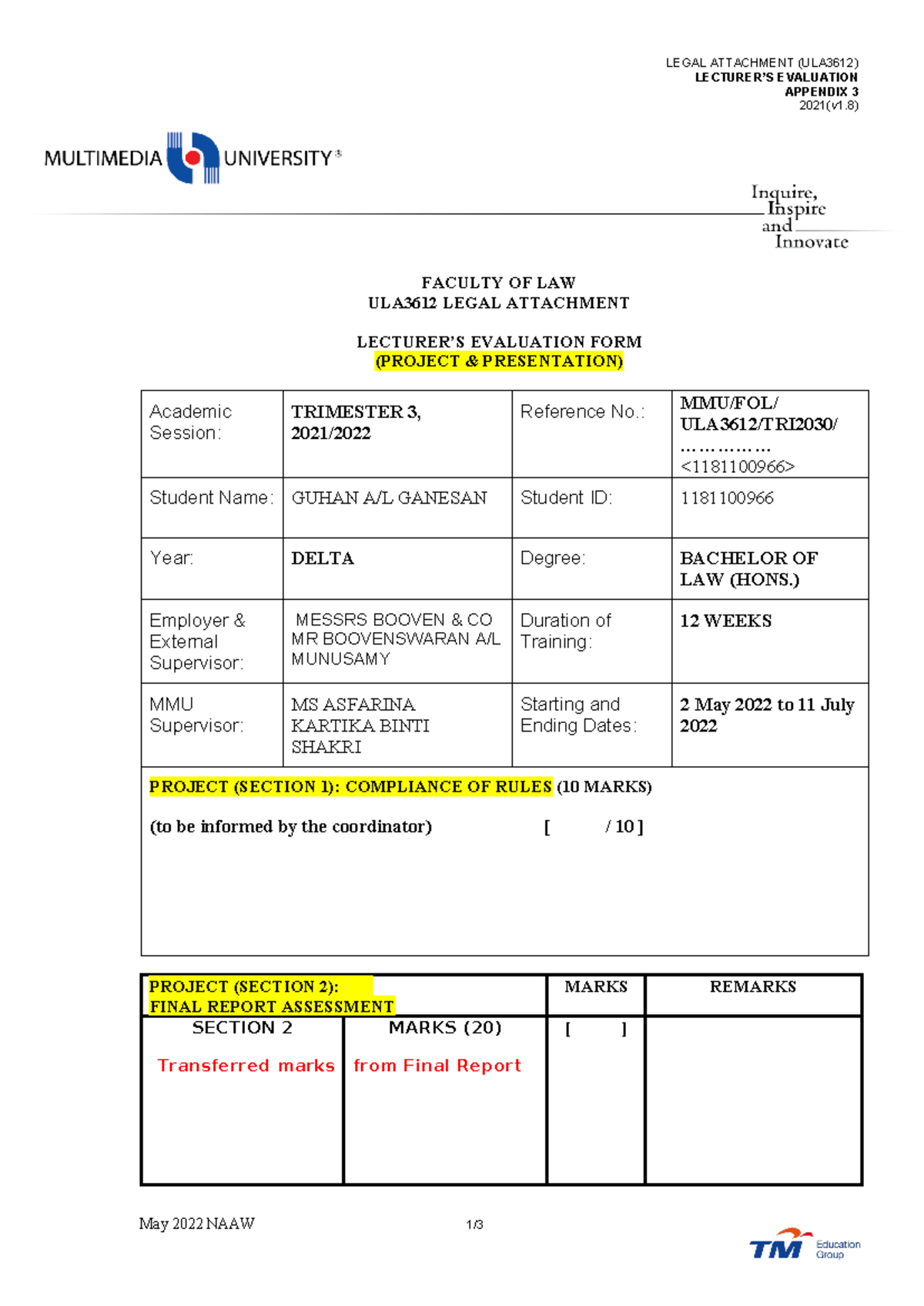 Lecturer Evaluation FORM v2 - LEGAL ATTACHMENT (ULA3612) LECTURER’S ...