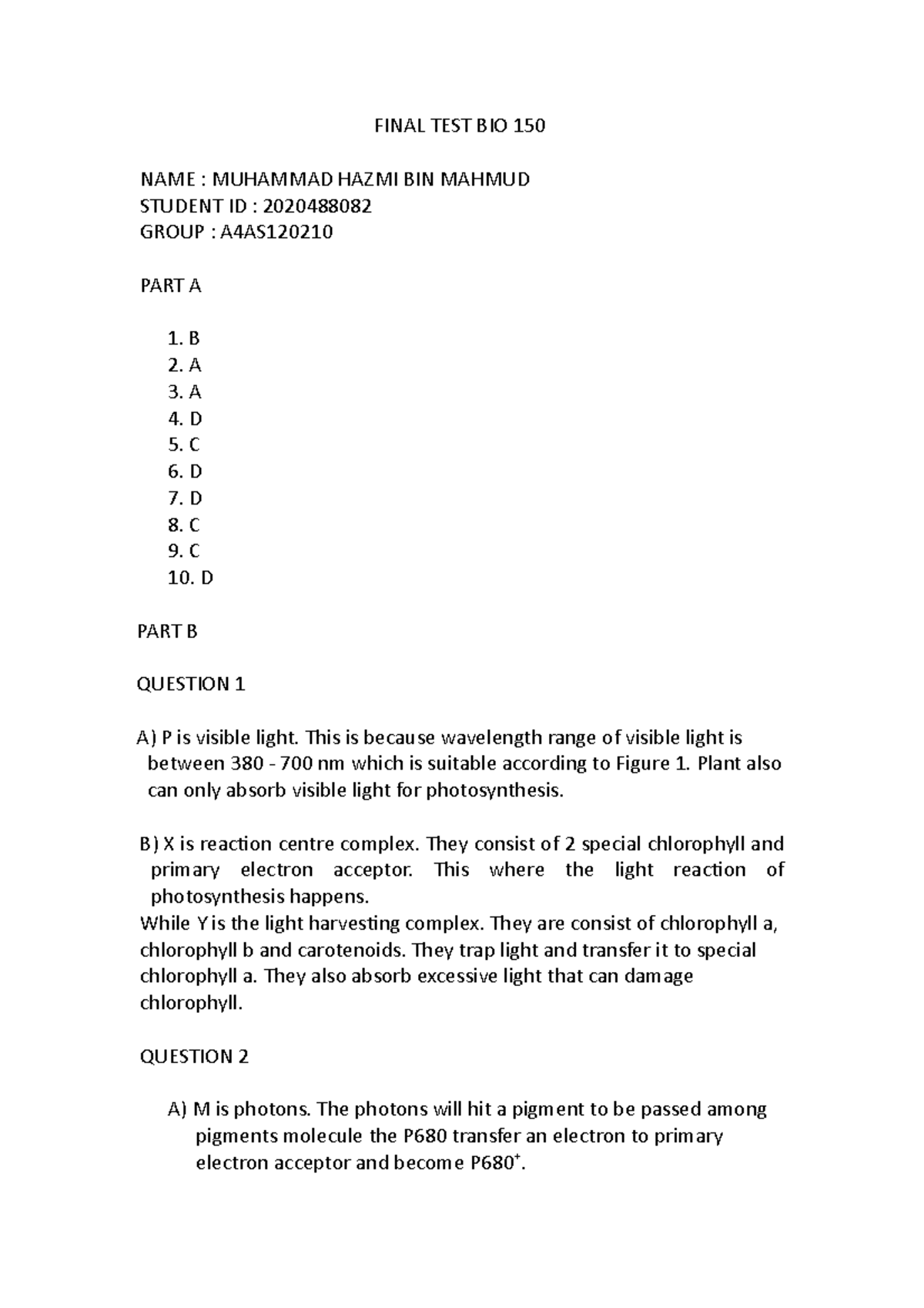 Final TEST BIO 150 anwers - FINAL TEST BIO 150 NAME : MUHAMMAD HAZMI ...