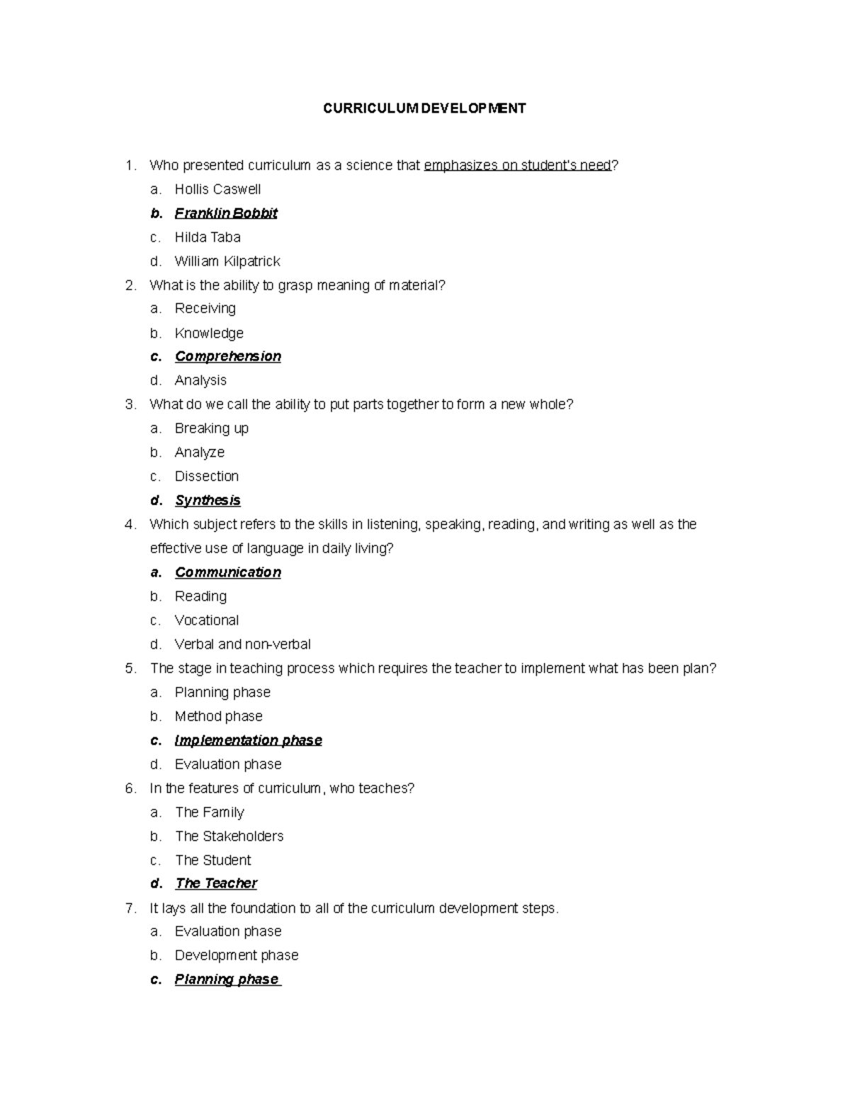 Education Test - Curriculum development. I do not claim ownership of ...