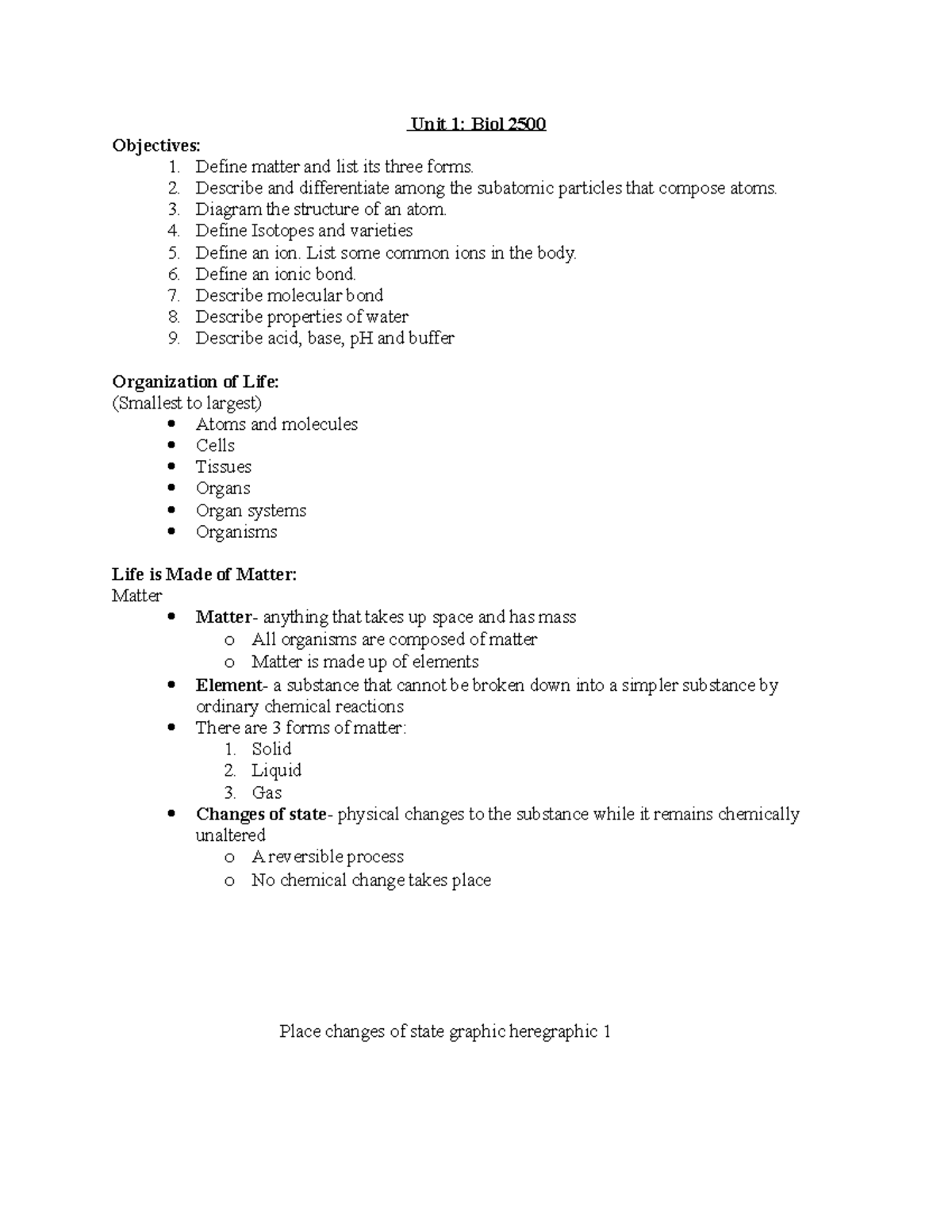 Anatomy unit 1 - Unit 1: Biol 2500 Objectives: Define matter and list ...