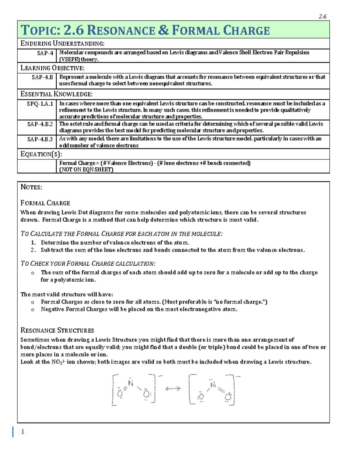 2.6 Formal Charge & Resonance Student - 2. 1 TOPIC: 2 RESONANCE ...