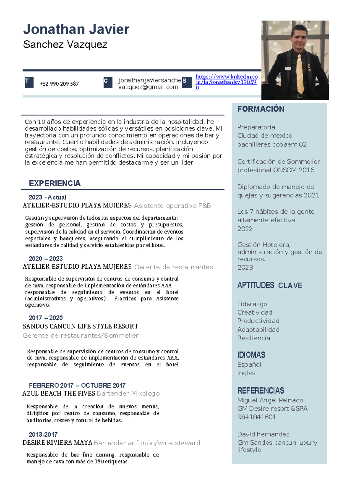 Cv Jonathan Sanchez 2024 - T C S EXPERIENCIA 2023 - Actual ATELIER-ESTUDIO PLAYA MUJERES ...