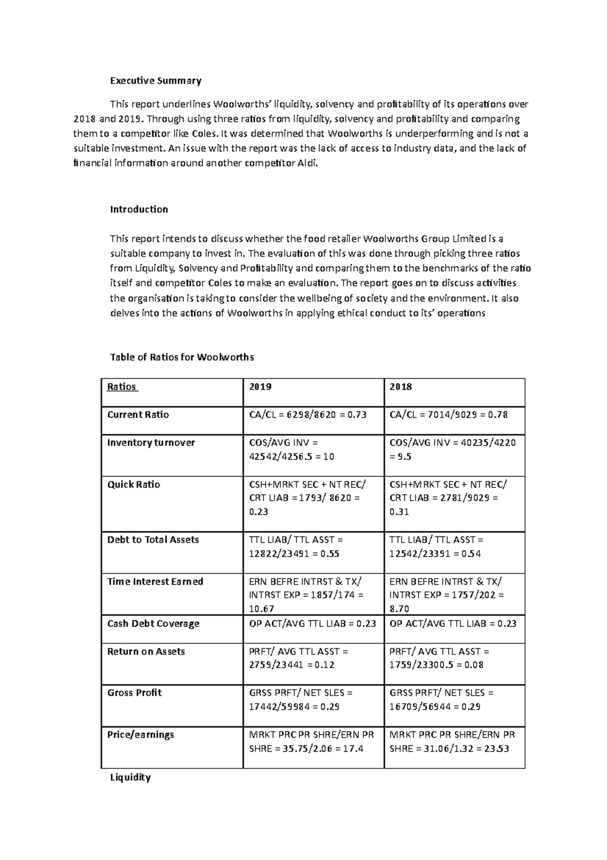 ACCT100 A2 - Partial report on an organisation using ratio analysis ...