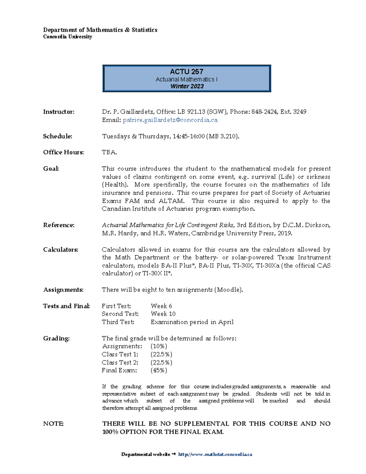 ACTU257 4 23 - syllabus actuarial mathematics 1 winter 2023 ...