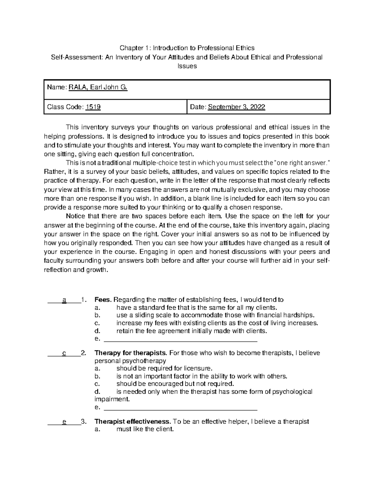 Chapter 1 Introduction to Professional Ethics - Class Code: 1519 Date ...