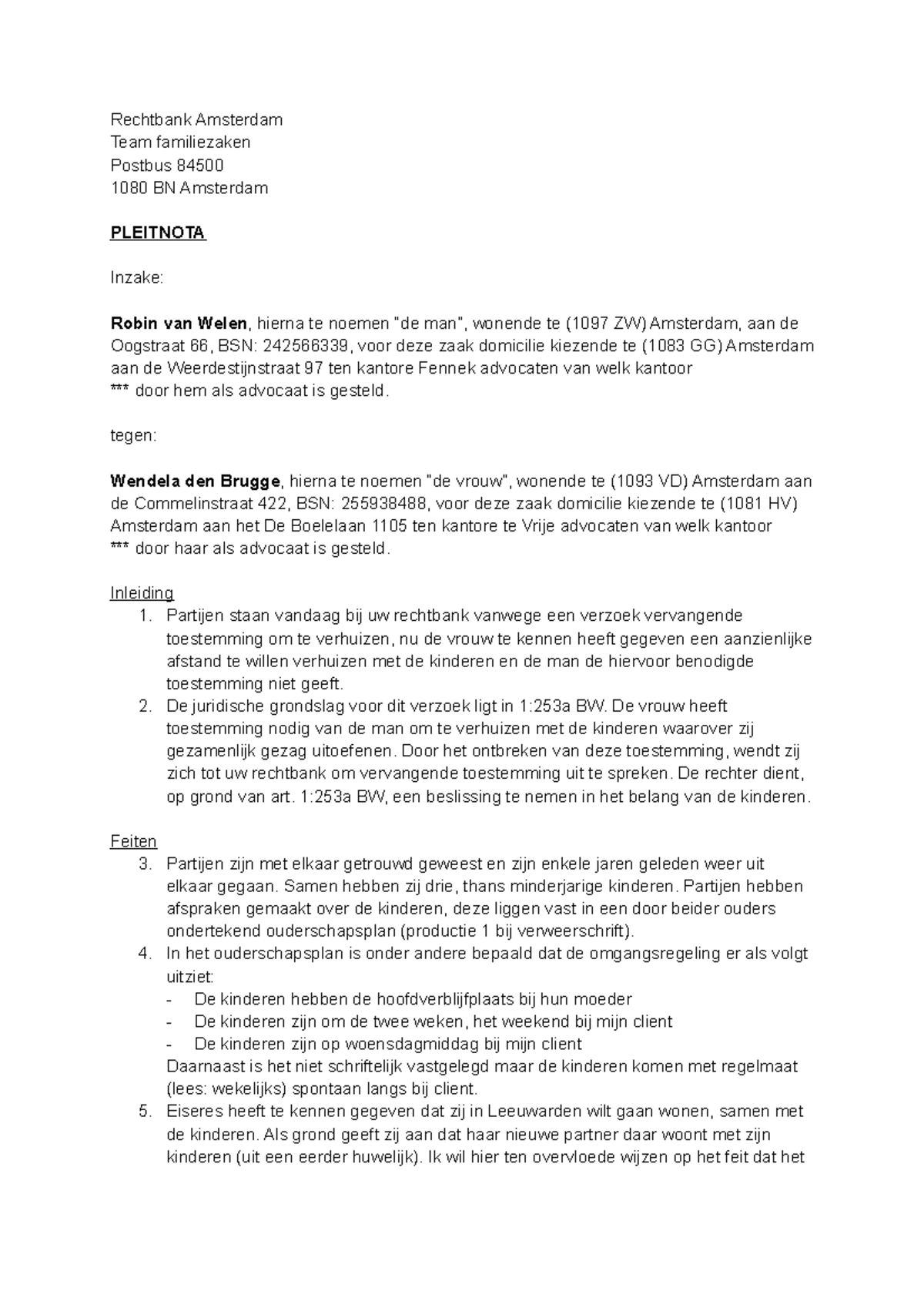 Pleitnota privaatrecht - Rechtbank Amsterdam Team familiezaken Postbus ...