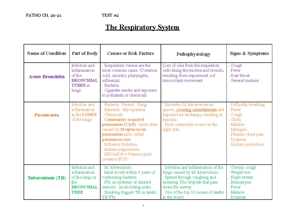 Patho Respiratory System Study Grid - PATHO CH. 20-21 TEST The ...