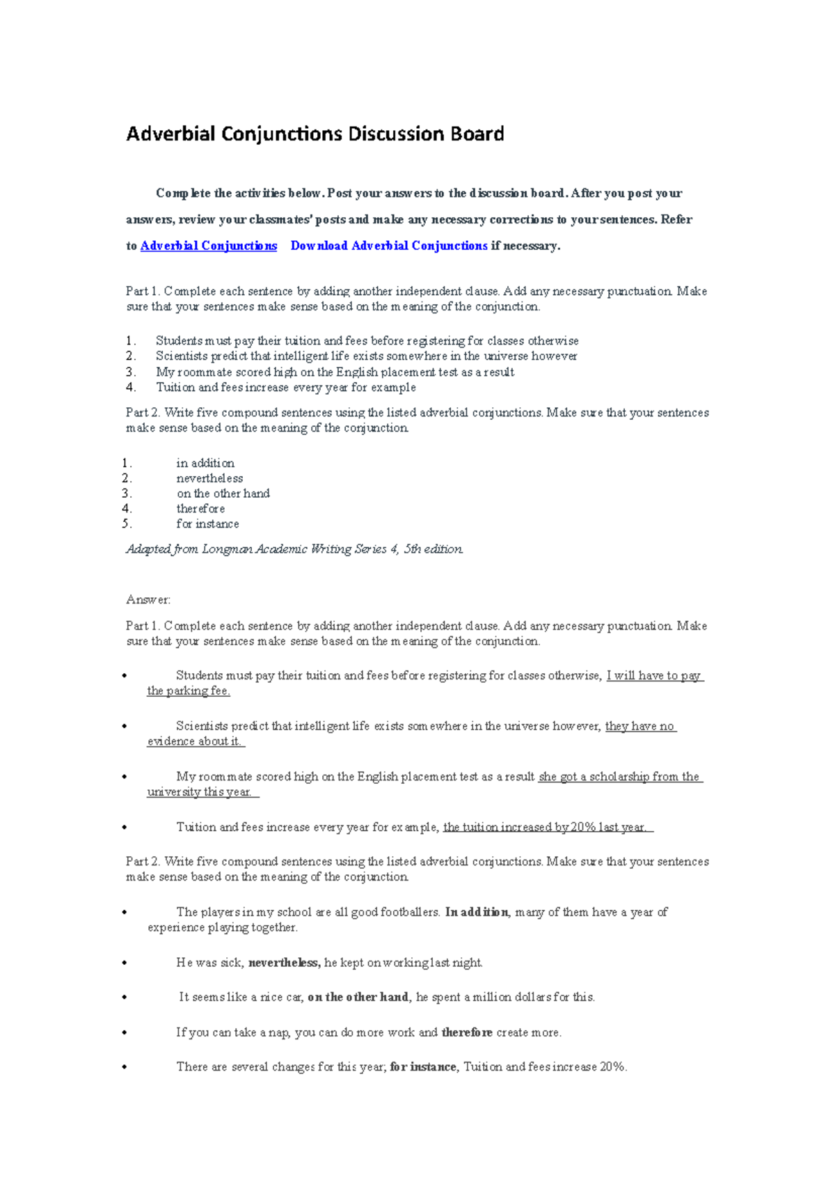 Adverbial Conjunctions Discussion Board - Adverbial Conjunctions ...