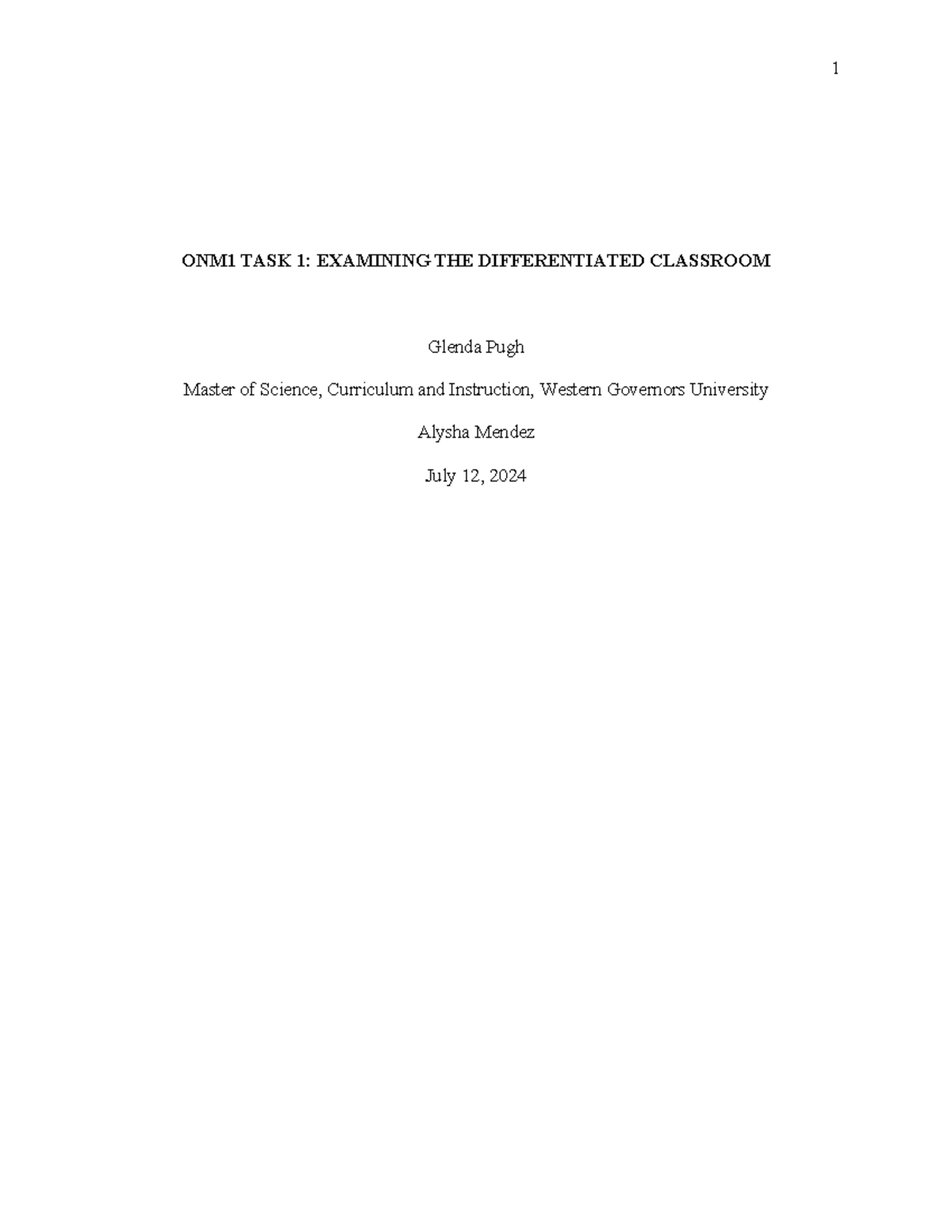 ONM1 TASK 1 Examining THE Differentiated Classroom - ONM1 TASK 1 ...