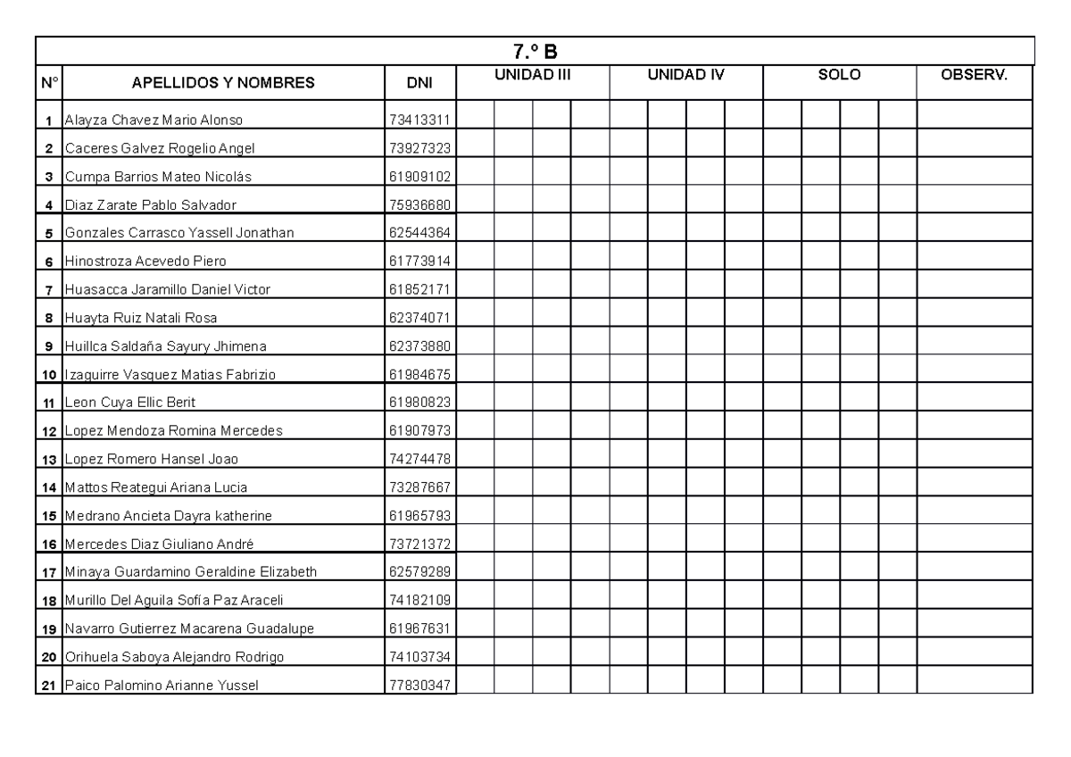 Registros 2022 - Hola - 7.º B N° APELLIDOS Y NOMBRES DNI 7.º D N ...