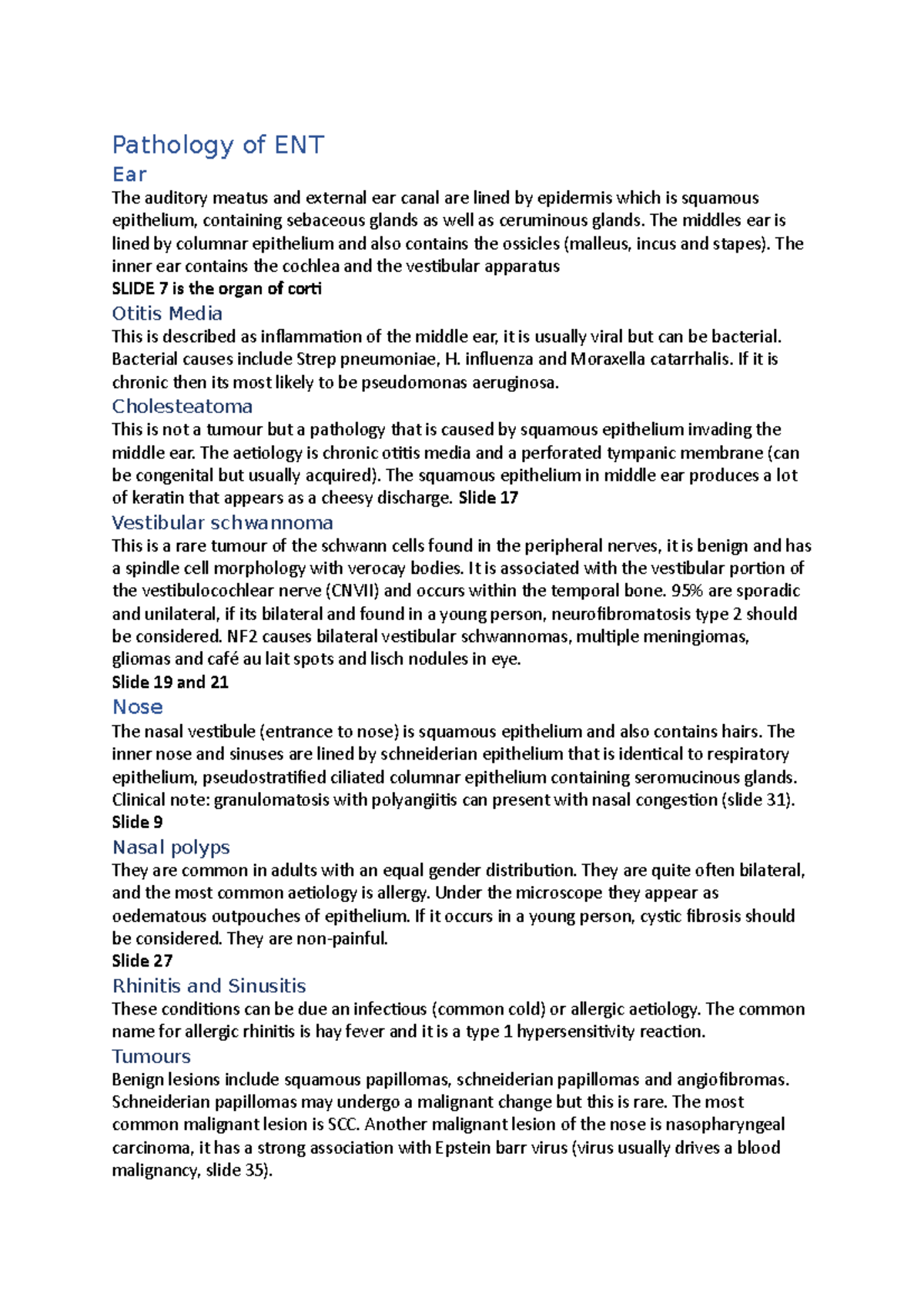 Pathology of ENT - Lecture notes 1 - Pathology of ENT Ear The auditory ...