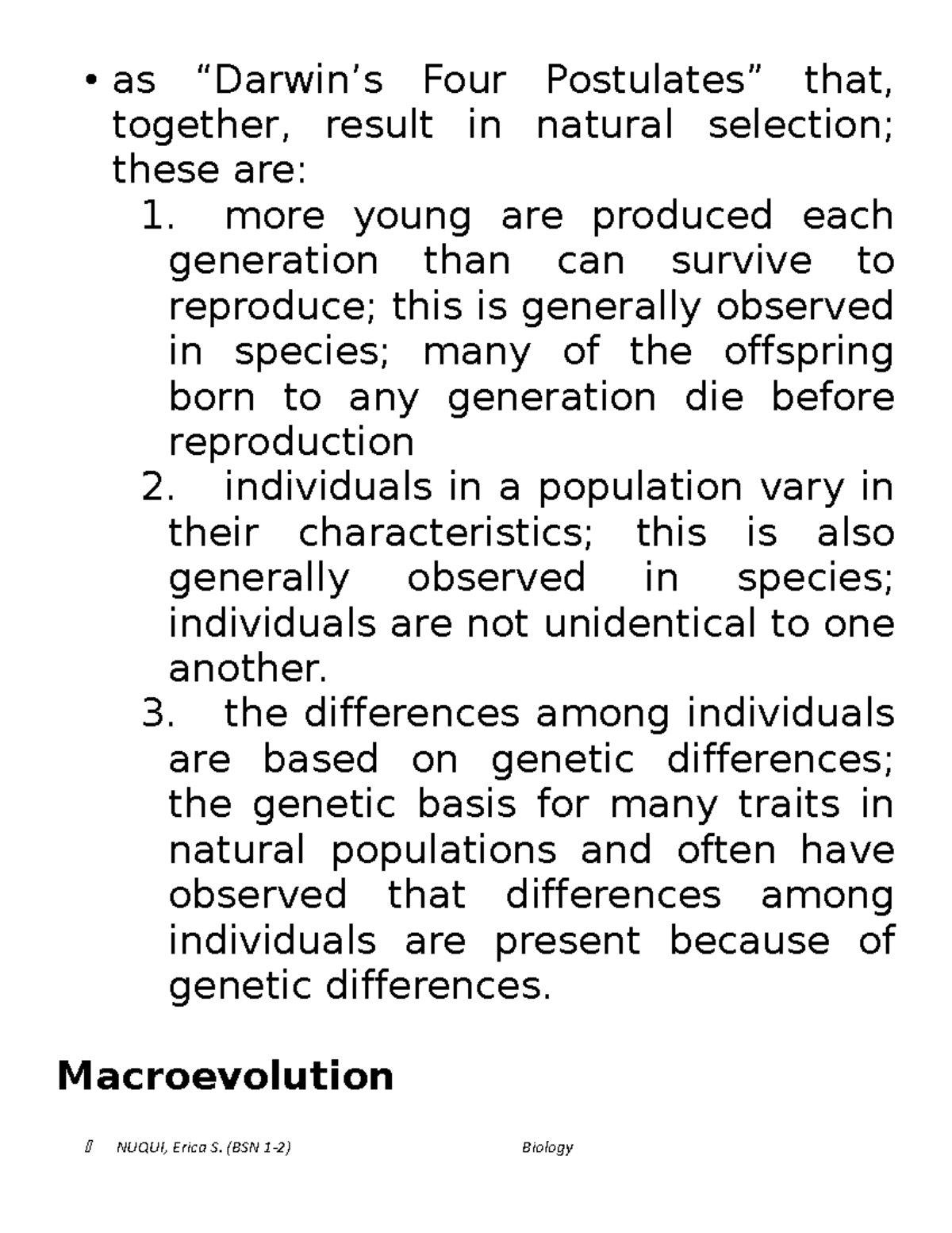 Biology - lecture notes - • as “Darwin’s Four Postulates” that ...