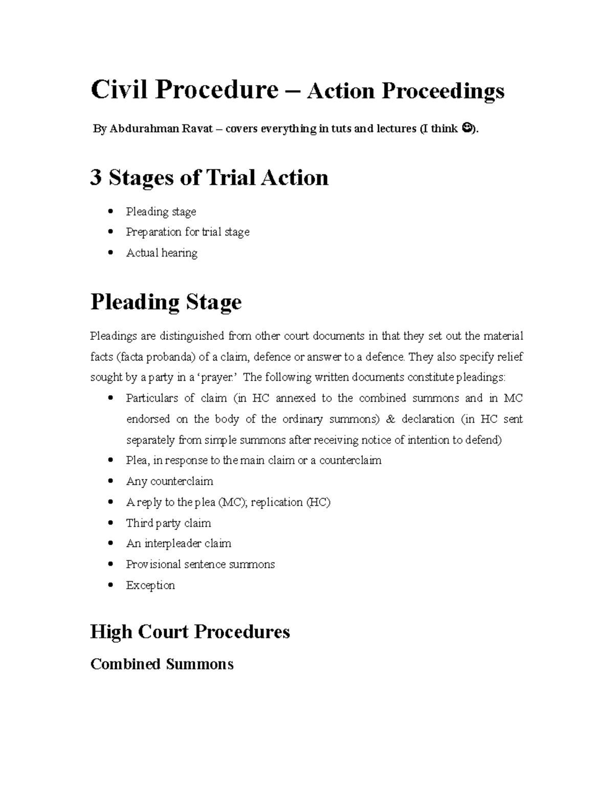Civil Proc Action - summaries - Civil Procedure – Action Proceedings By ...