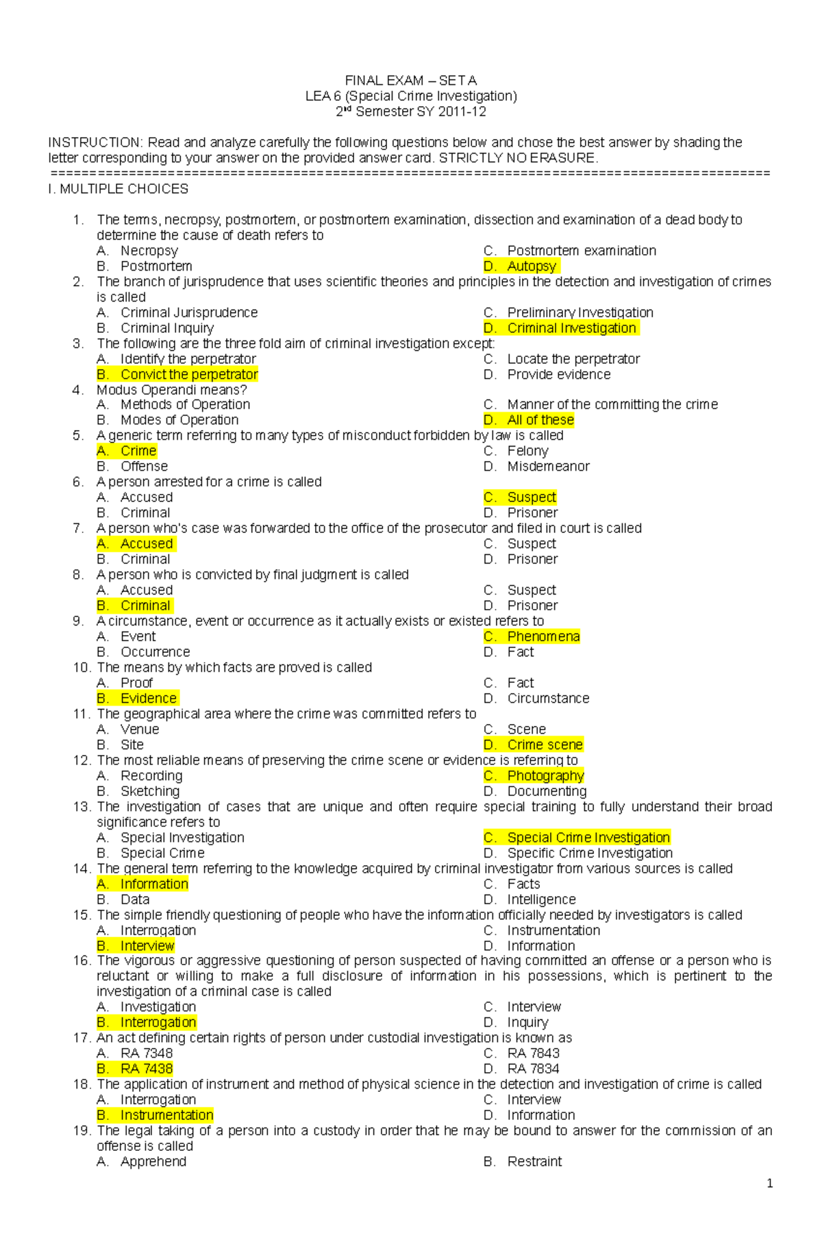 LEA 6A Reviewer - Law Enforcement Administration - FINAL EXAM – SET A ...