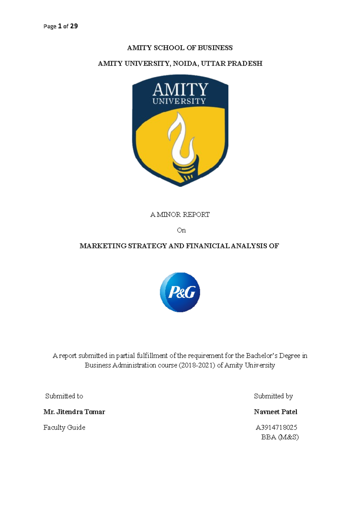 P&G final report 1 - AMITY SCHOOL OF BUSINESS AMITY UNIVERSITY, NOIDA ...