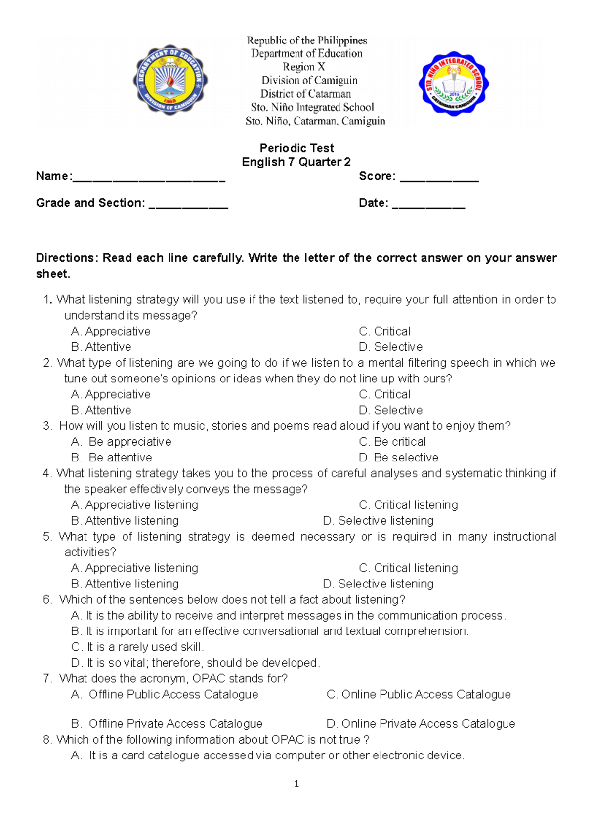 English 7 Quarter 2 - exam - Periodic Test English 7 Quarter 2 Name