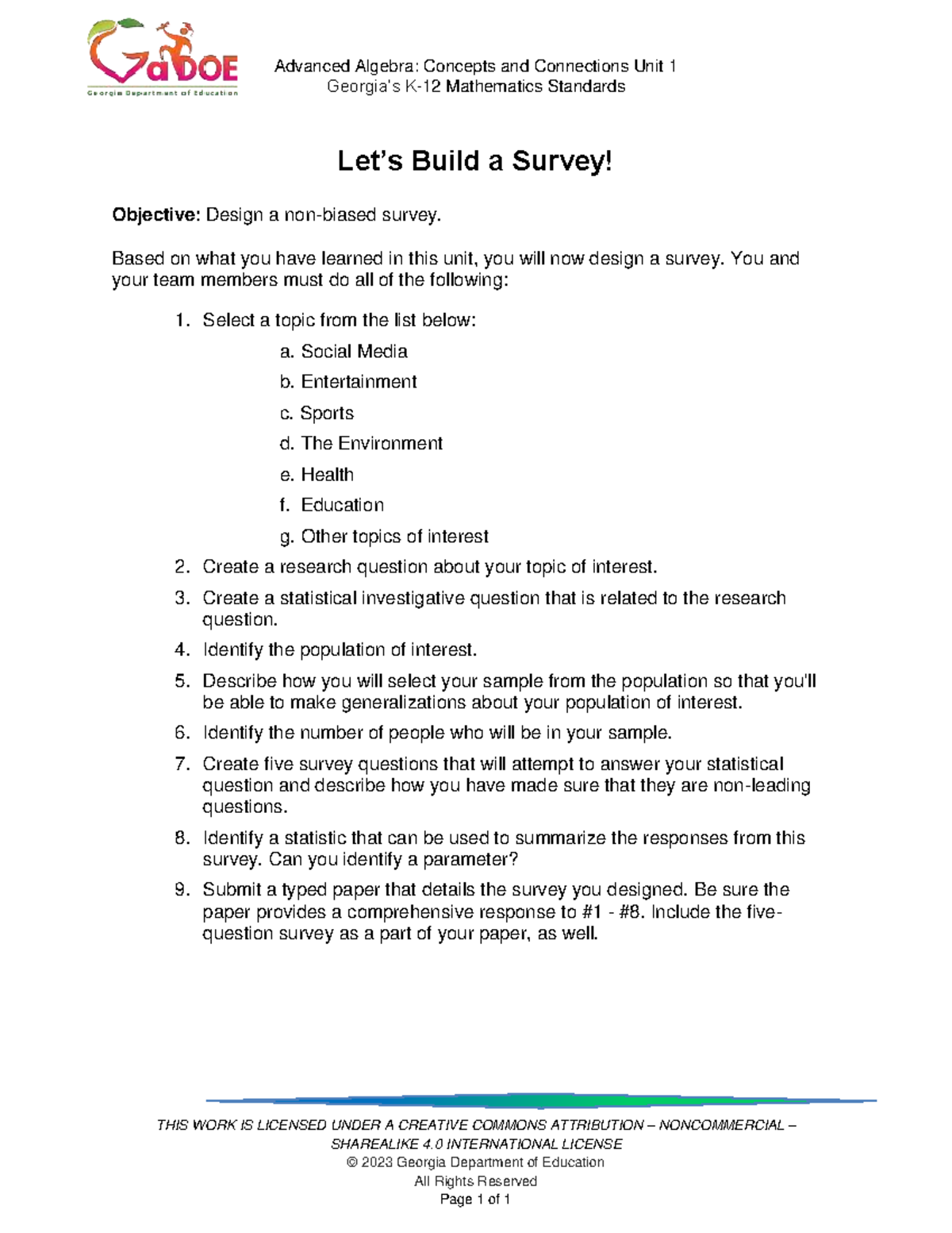 Advanced Algebra Lets Build a Survey Task - Advanced Algebra: Concepts and Connections Unit 1 ...