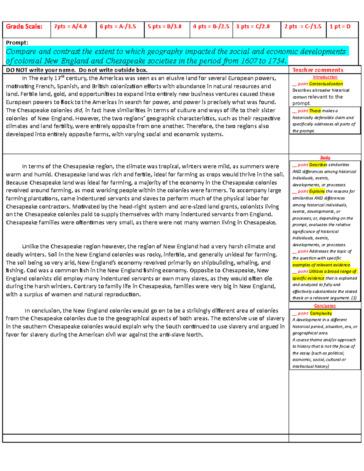 Comparison - Chesapeake vs. New England - Grade Scale: 7pts = A/4 6 pts ...