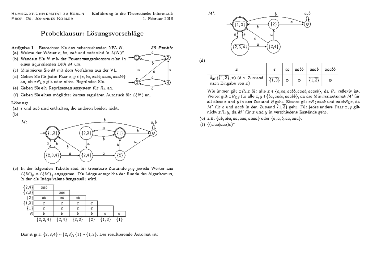Musterlösung zur Probeklausur 1516 Einführung Theoretische Informatik - Humboldt-Universität zu ...