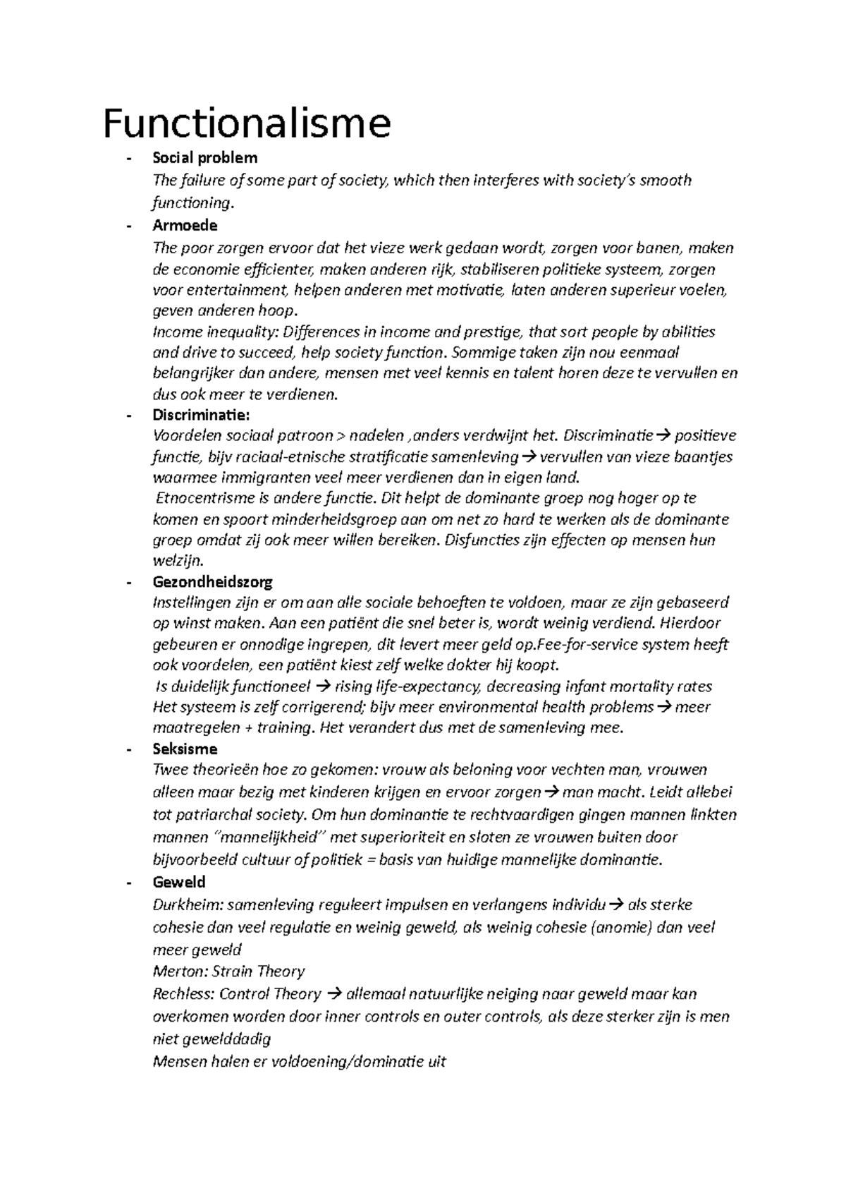 Hoofdtheorieën alle onderwerpen-1 - Functionalisme Social problem The ...