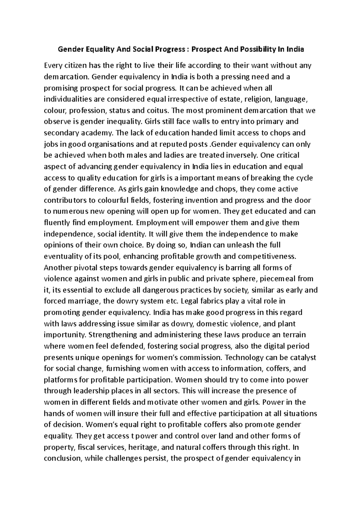 Gender Equality And Social Progress - Gender equivalency in India is ...