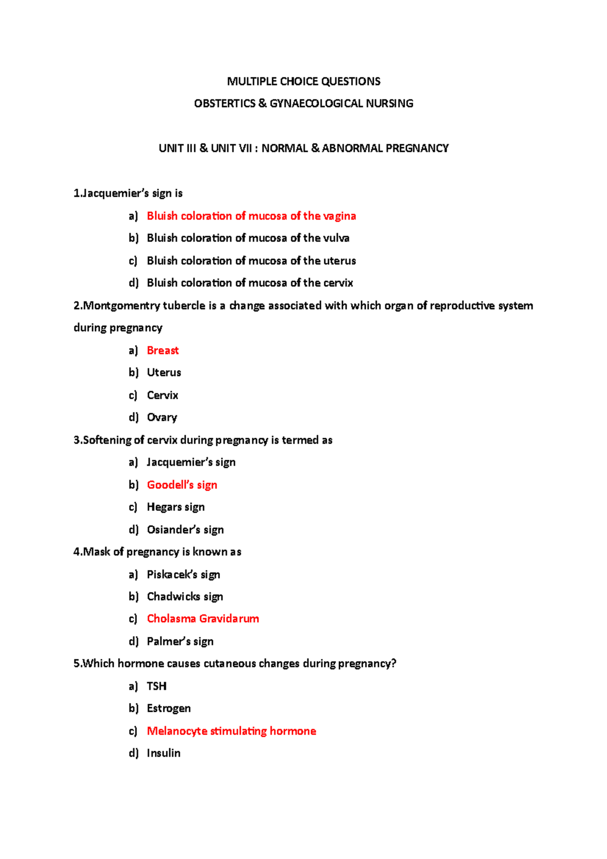 Multiple Choice Questions - MULTIPLE CHOICE QUESTIONS OBSTERTICS ...