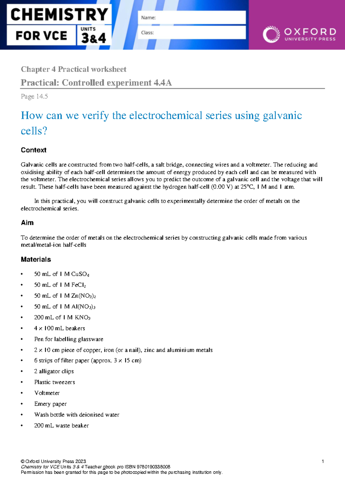 CHEM U34 Experiment 4 - © Oxford University Press 2023 1 Chemistry for ...
