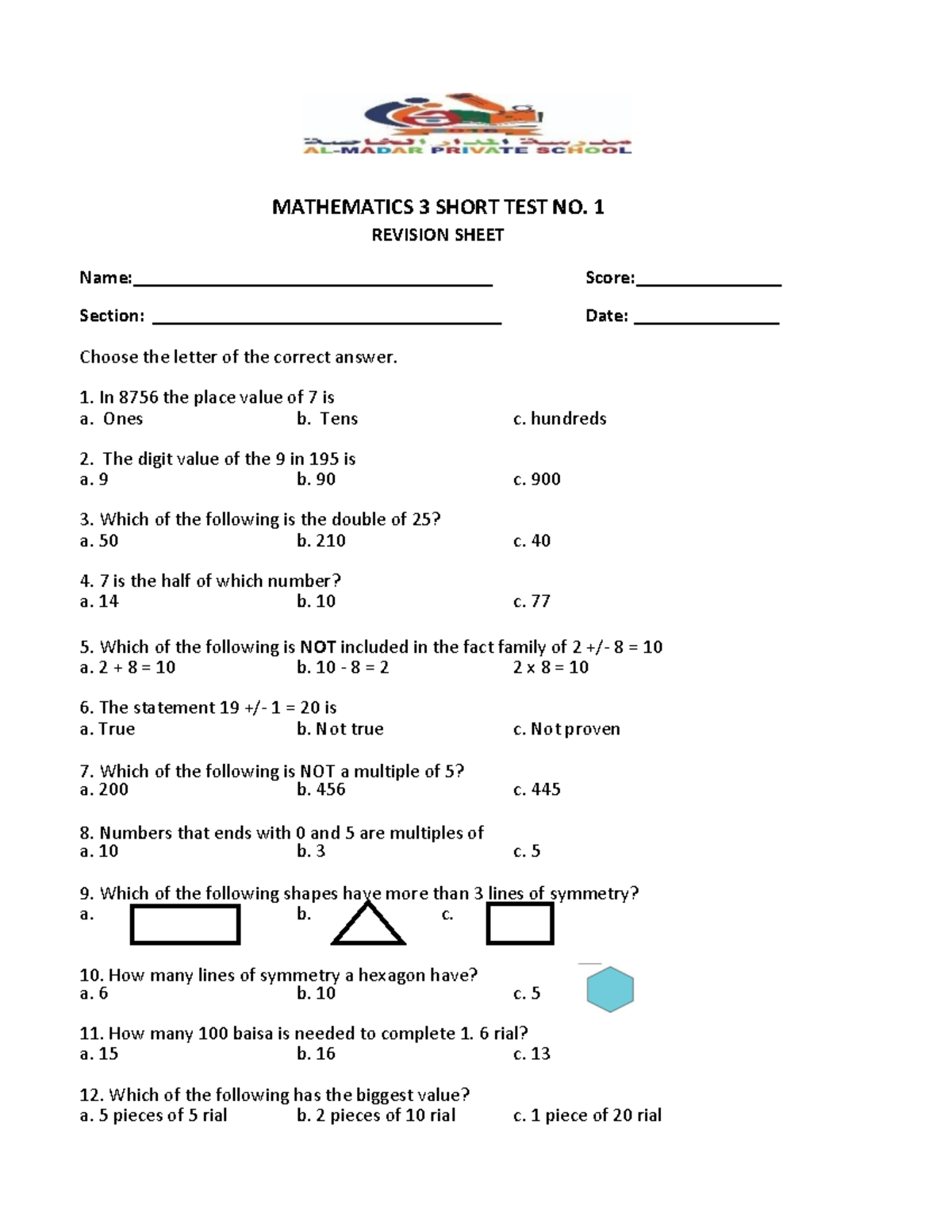 Grade 3 Short TEST NO. 1 Reviewer - Section ...