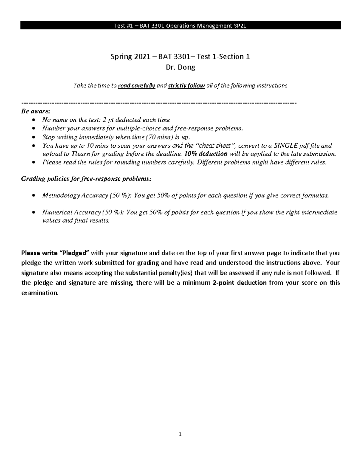 BAT 3301 Exam 1 SP21 S1 - Test - Spring 2021 – BAT 3301– Test 1-Section ...