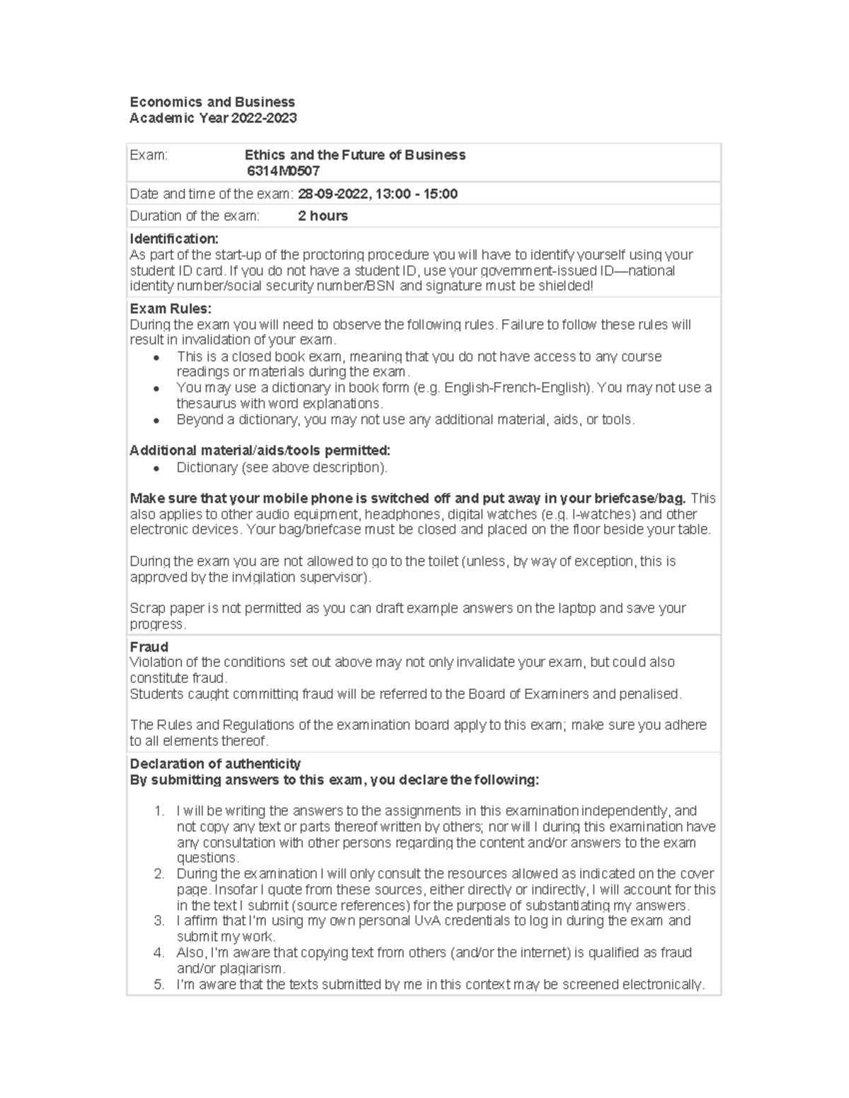 EFB Exam front page Sept 2022 - Economics and Business Academic Year ...