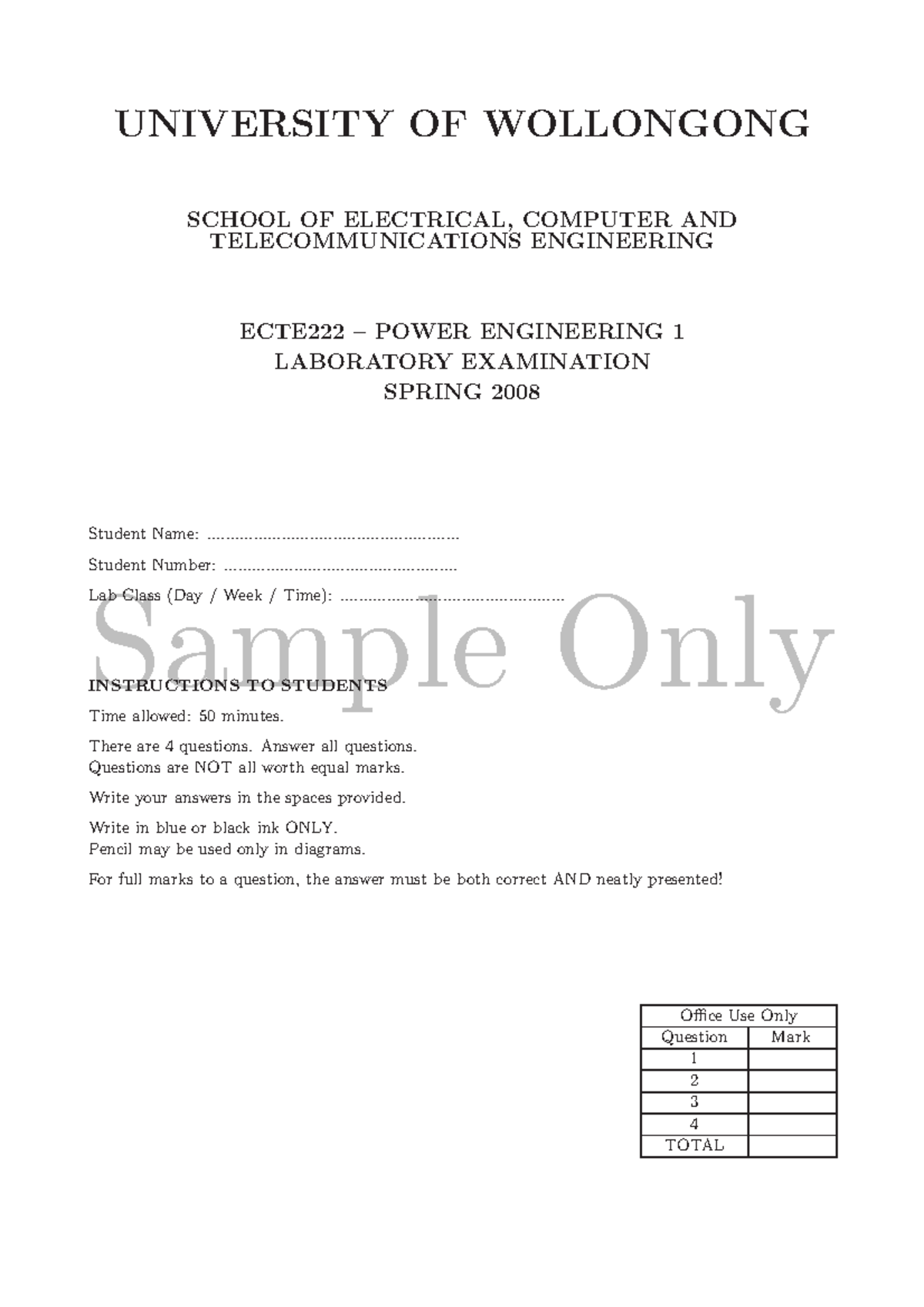 Sample/practice exam 2008, questions - sample lab exam - Sample Only UNIVERSITY OF WOLLONGONG ...