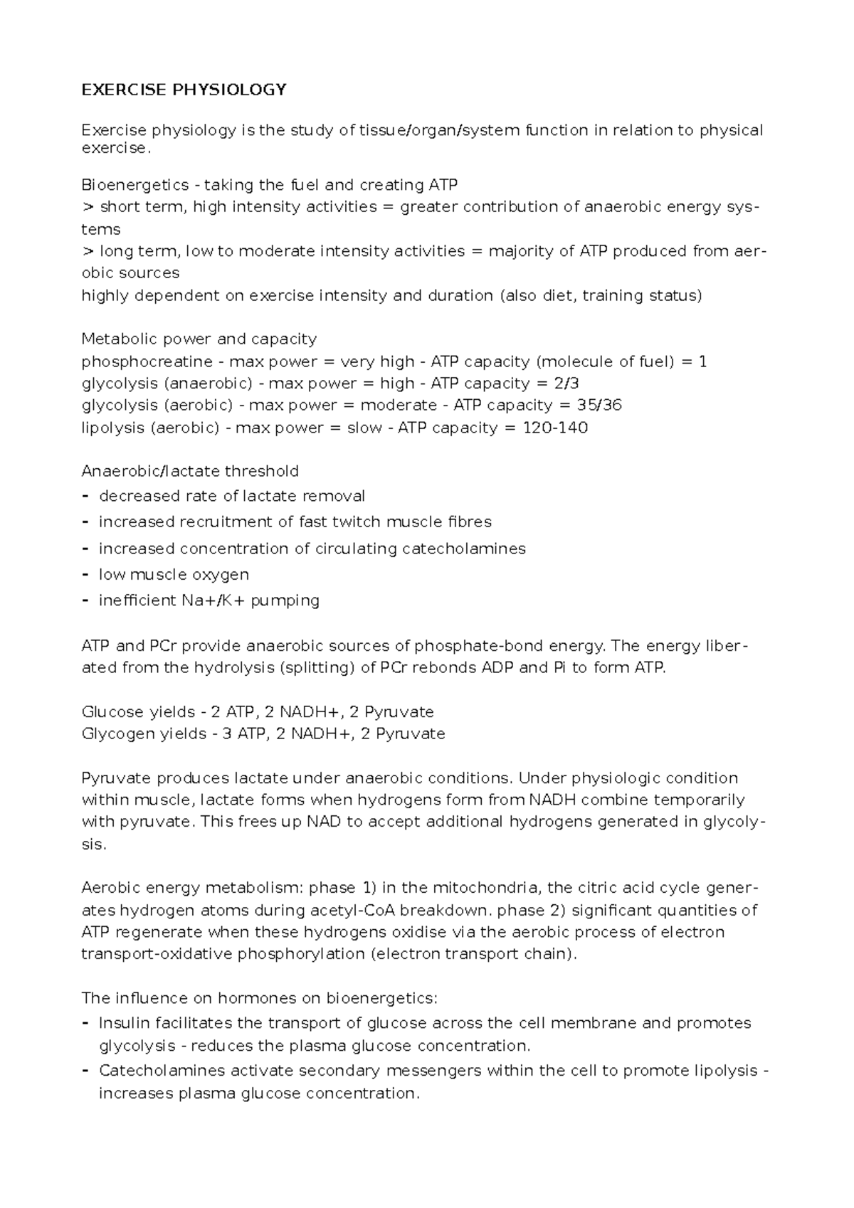 Exercise Physiology notes - EXERCISE PHYSIOLOGY Exercise physiology is ...