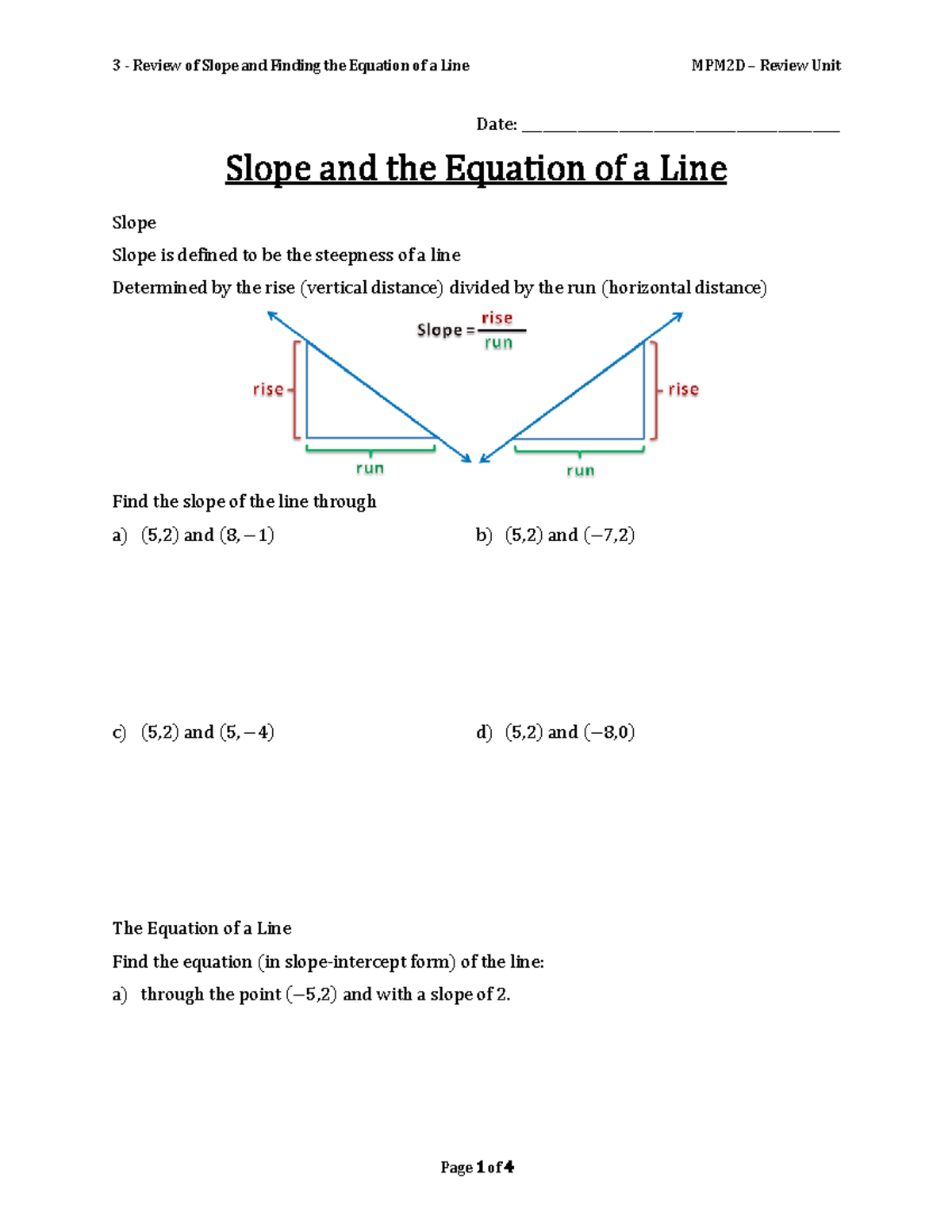 03 - Review of Slope and Finding the Equation of a Line - Date: - Studocu
